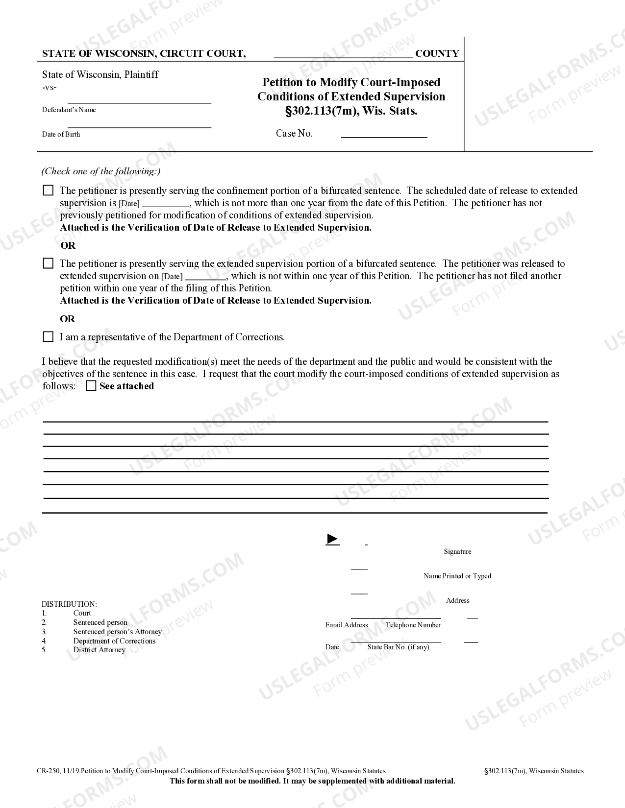 Wisconsin Petition To Modify Court - Imposed Conditions Of Extended Supervision Section 302.113 ...