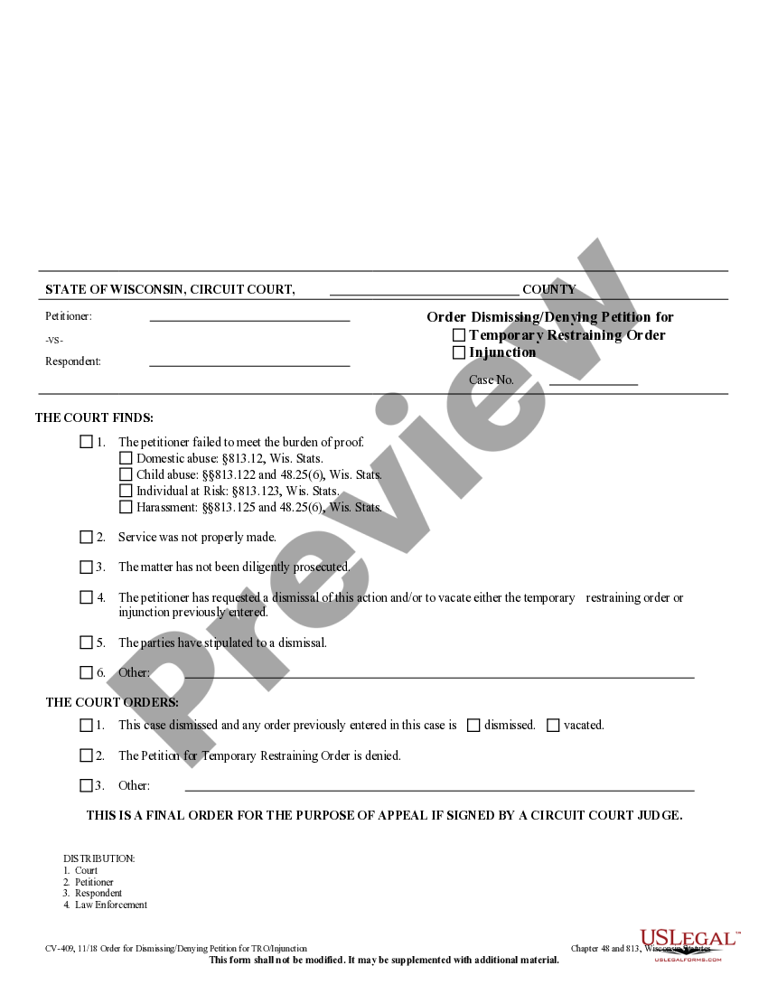 Wisconsin Dismissal Order Injunction US Legal Forms wisconsin-dismissal-order-injunction-us-legal-forms