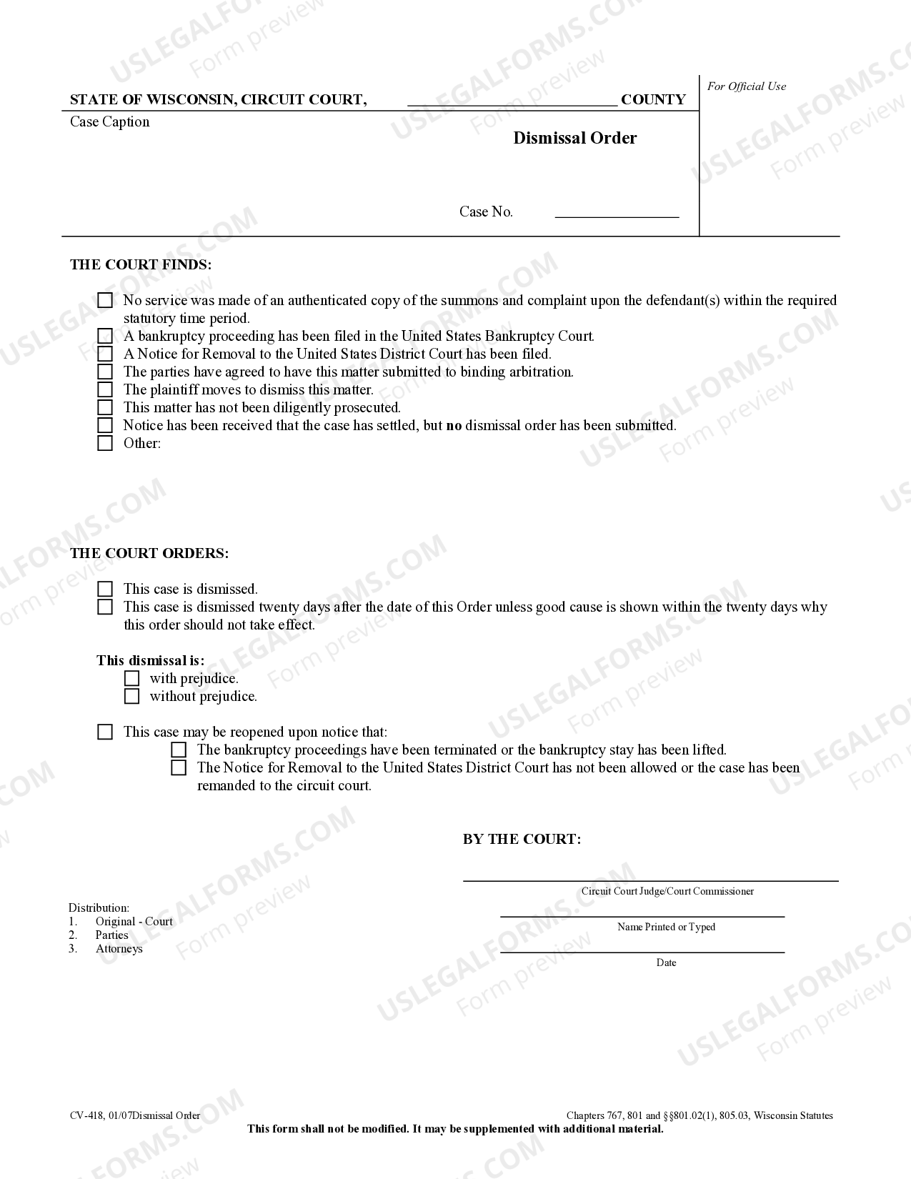 Wisconsin Dismissal Order | US Legal Forms