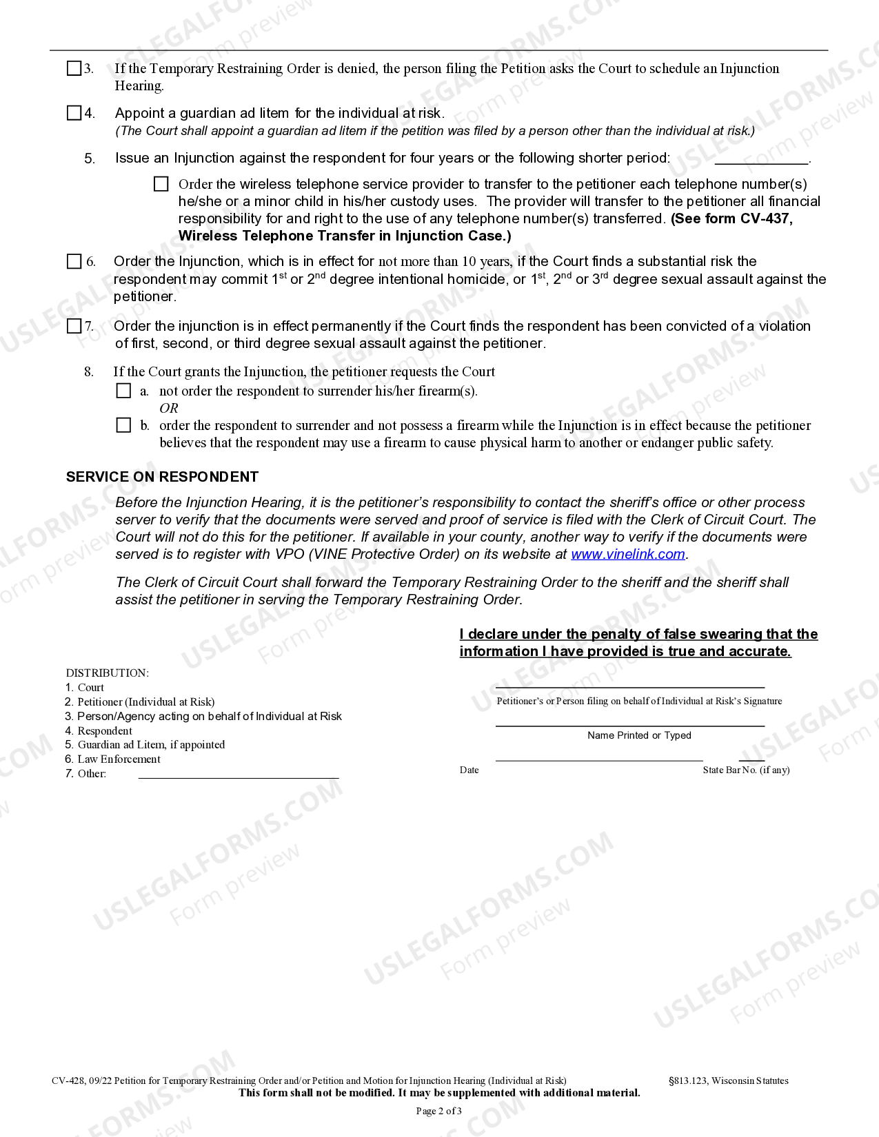 Wisconsin Petition for Temporary Restraining Order and / or Injunction ...