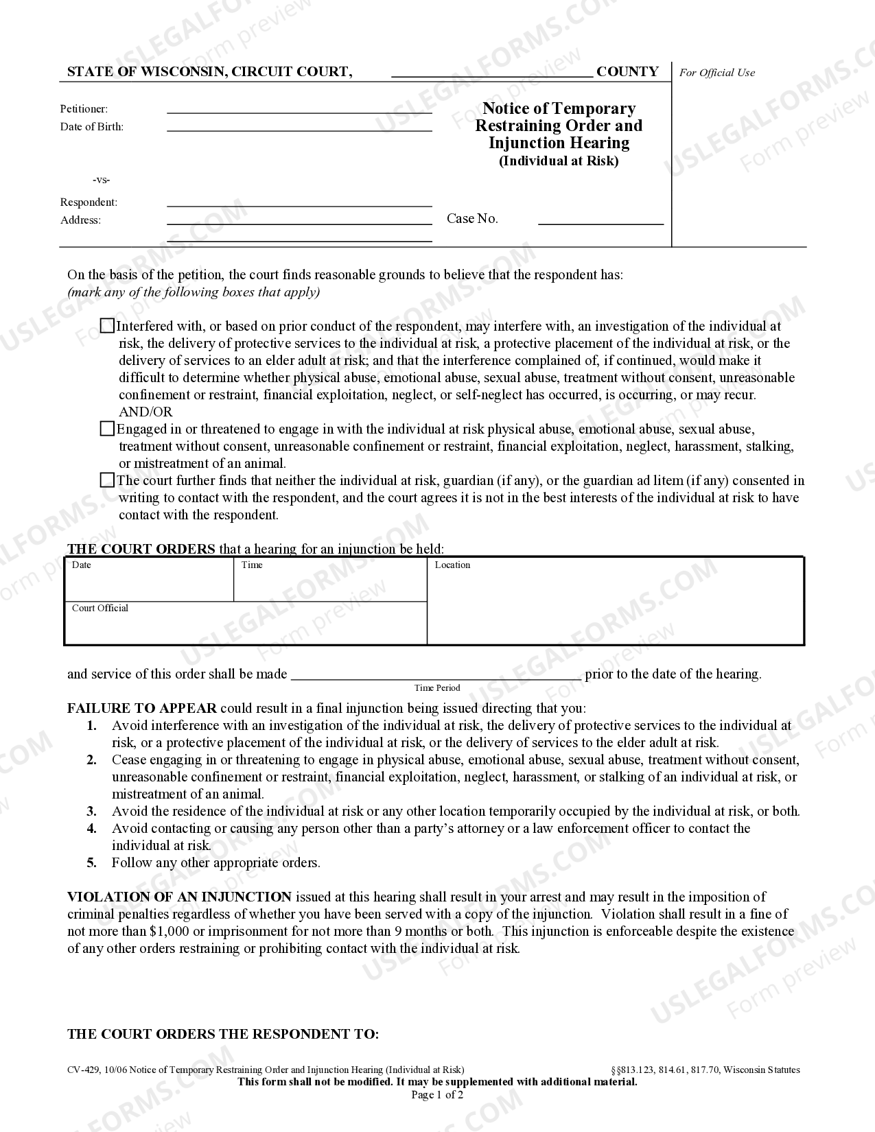 Wisconsin Notice of Hearing - Temporary Restraining Order - Vulnerable ...