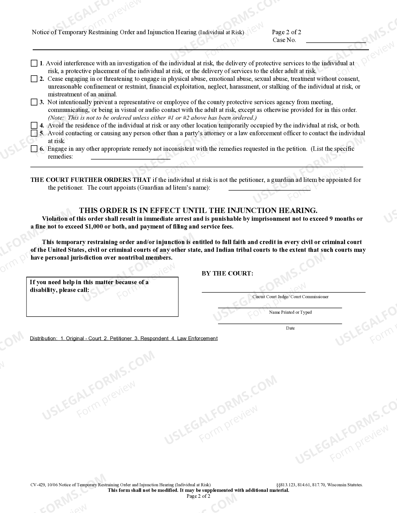 Wisconsin Notice of Hearing - Temporary Restraining Order - Vulnerable ...