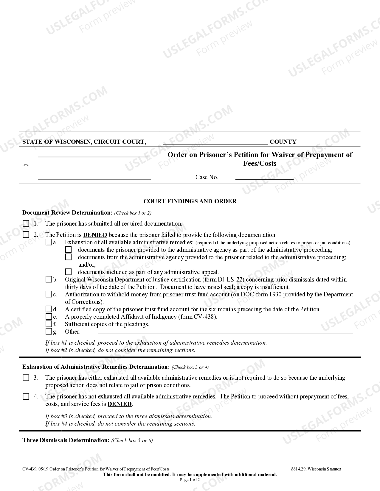 Wisconsin Order on Prisoner's Petition for Waiver of Fees - Costs | US ...