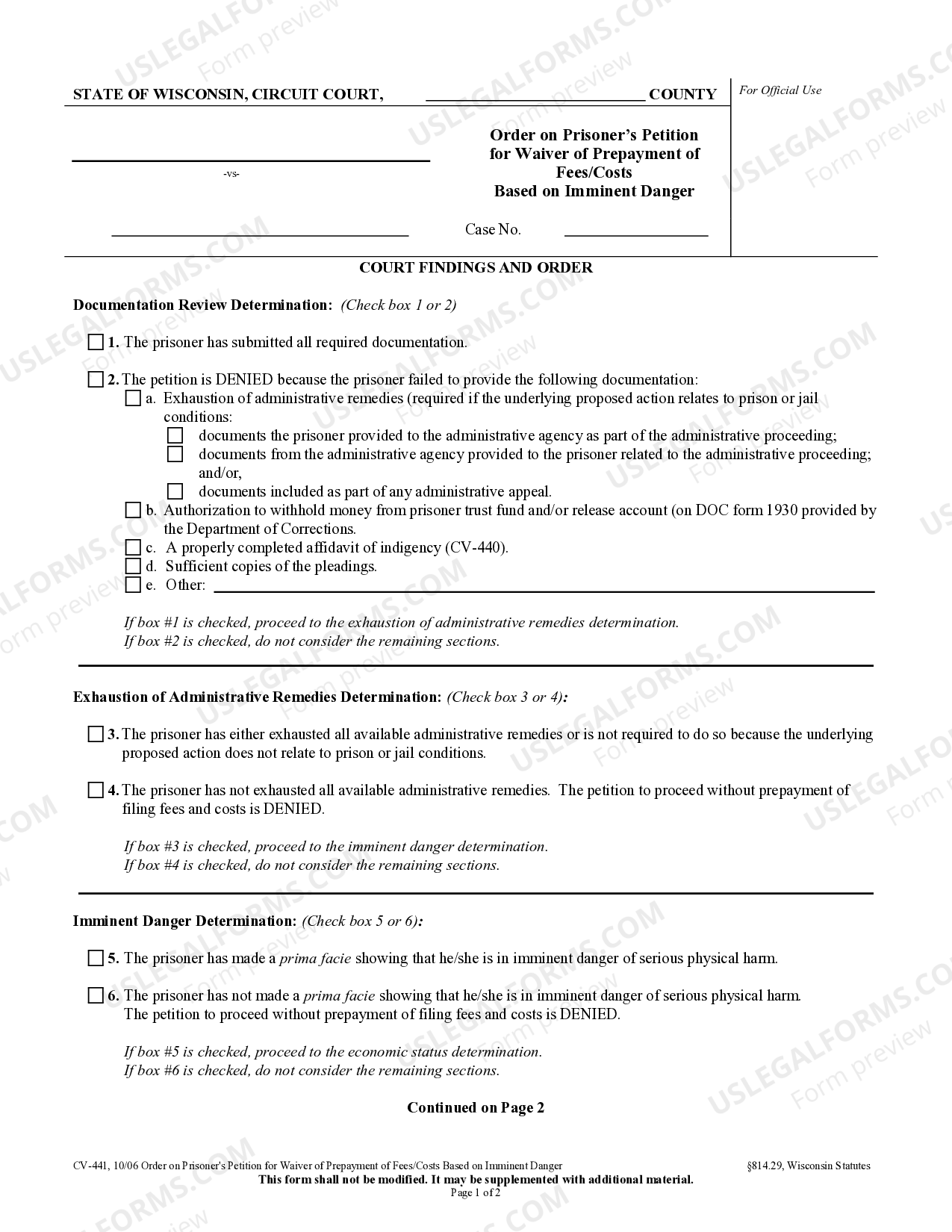 Wisconsin Order on Prisoner's Petition for Waiver of Fees - Costs ...