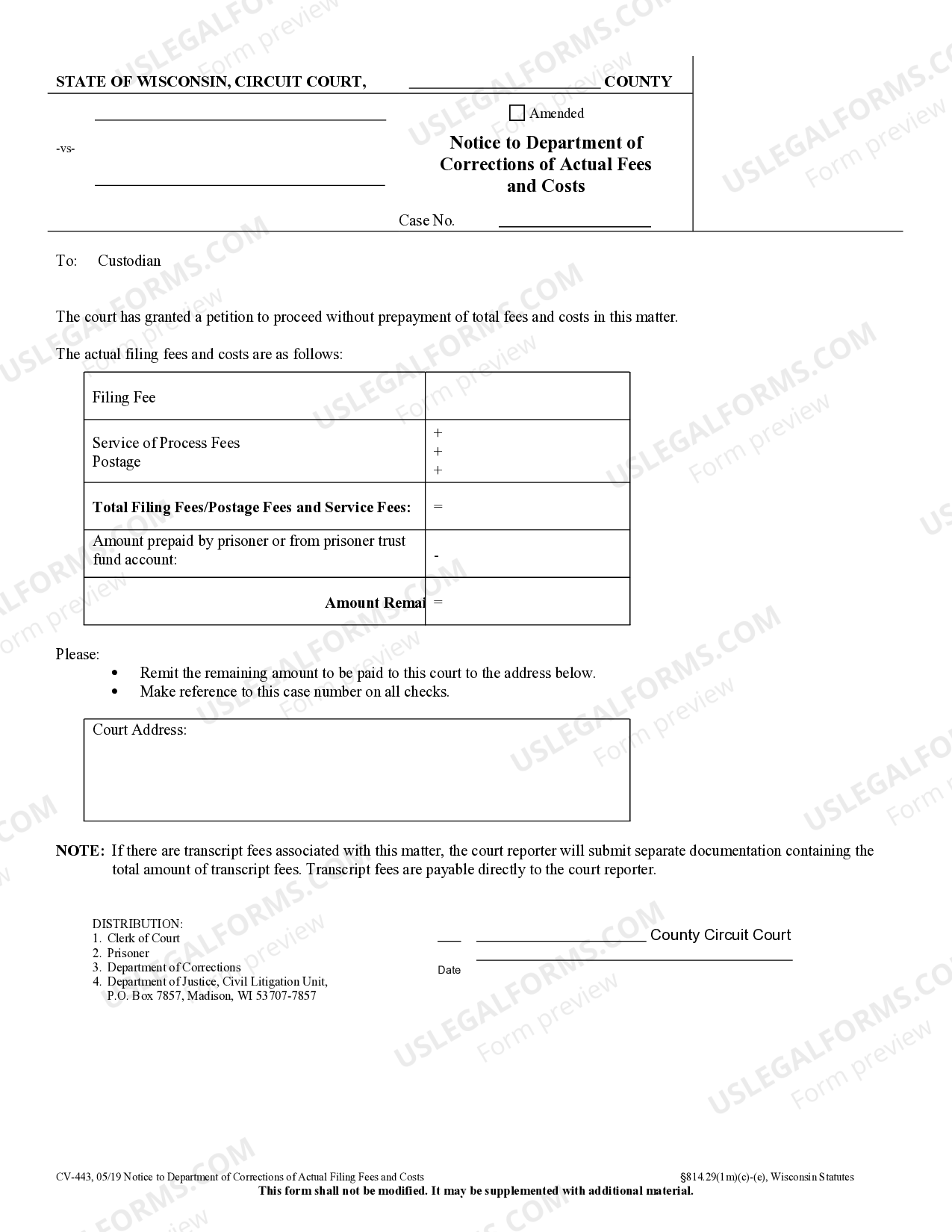 Wisconsin Notice to Department of Corrections of Actual Filing Fees and ...
