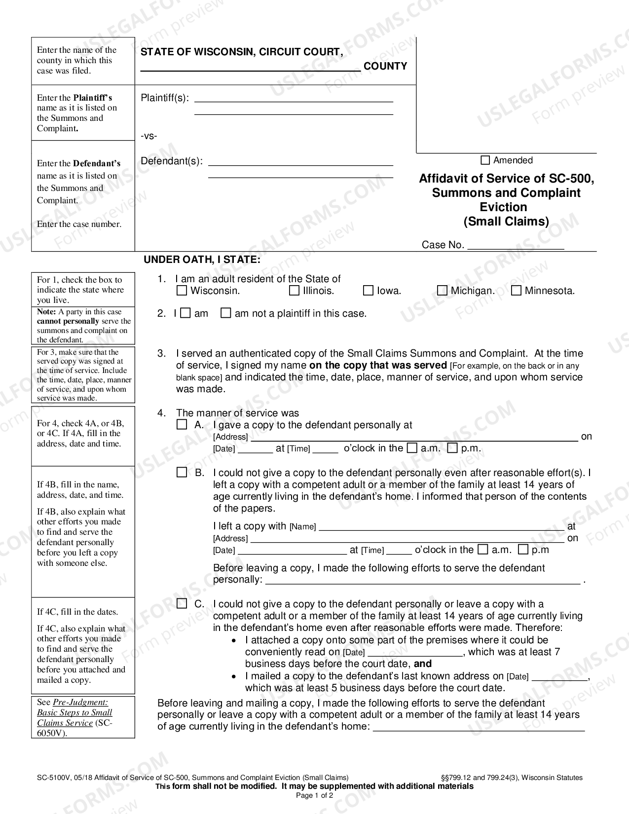 Wisconsin Affidavit of Service of Notice Terminating Tenancy - Landlord ...