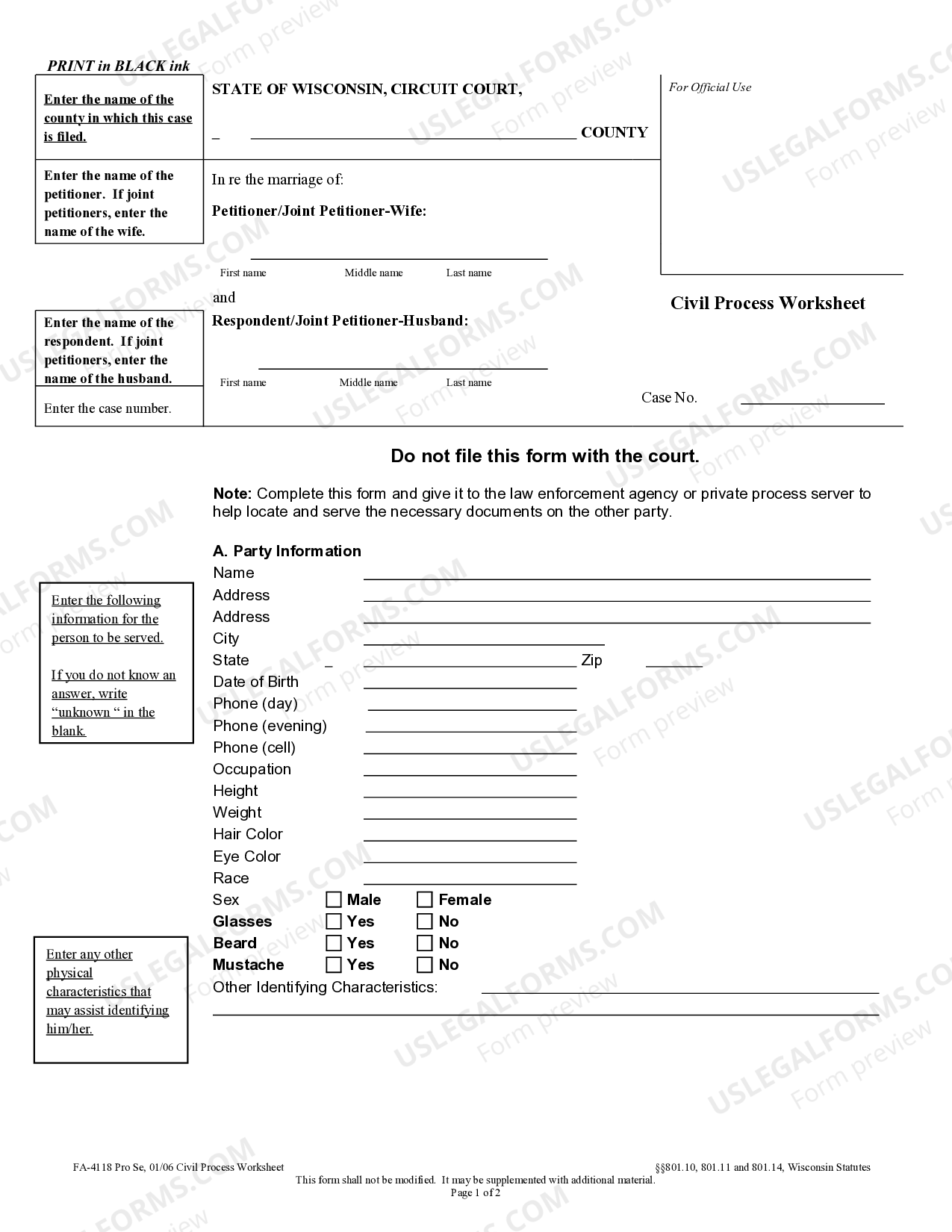 Wisconsin Civil Process Worksheet | US Legal Forms