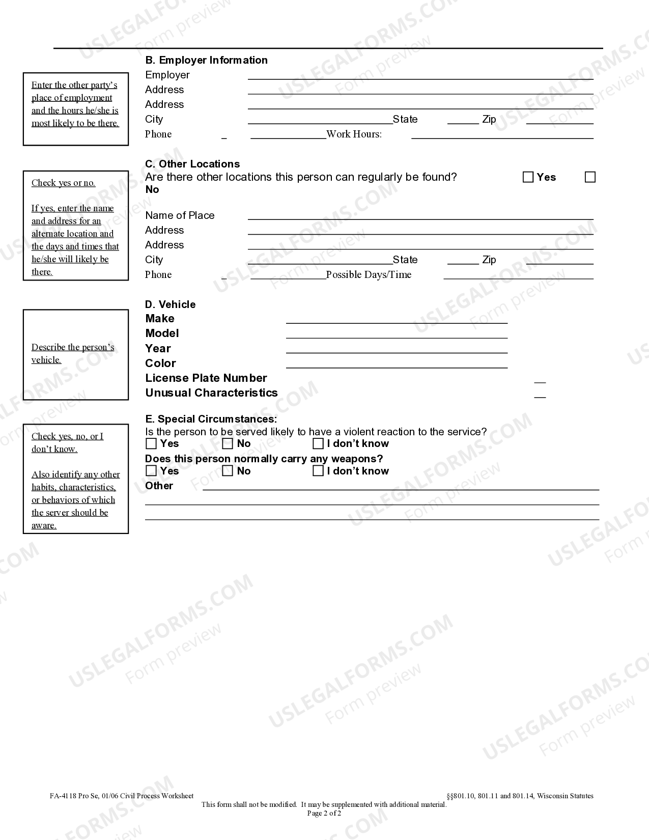 Wisconsin Civil Process Worksheet | US Legal Forms