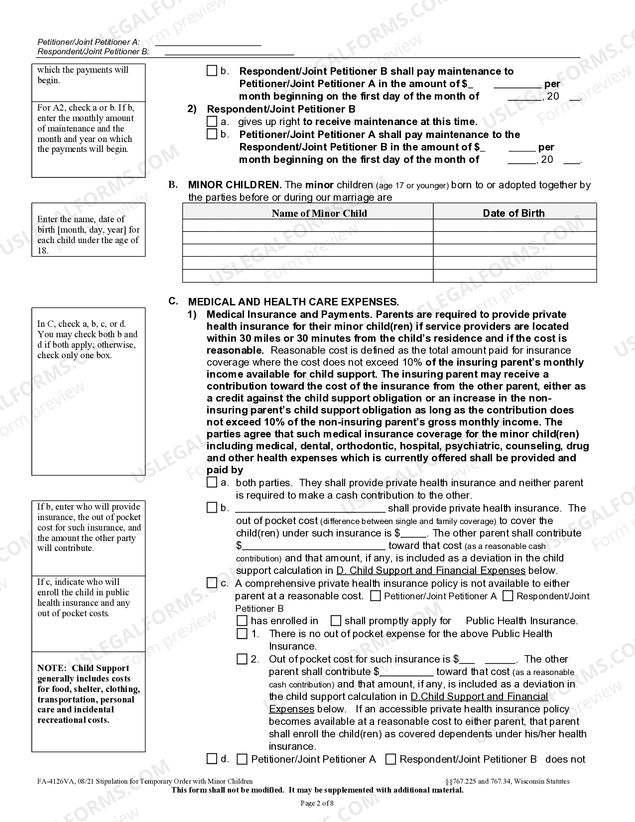 Wisconsin Stipulation For Temporary Order with Minor Children ...