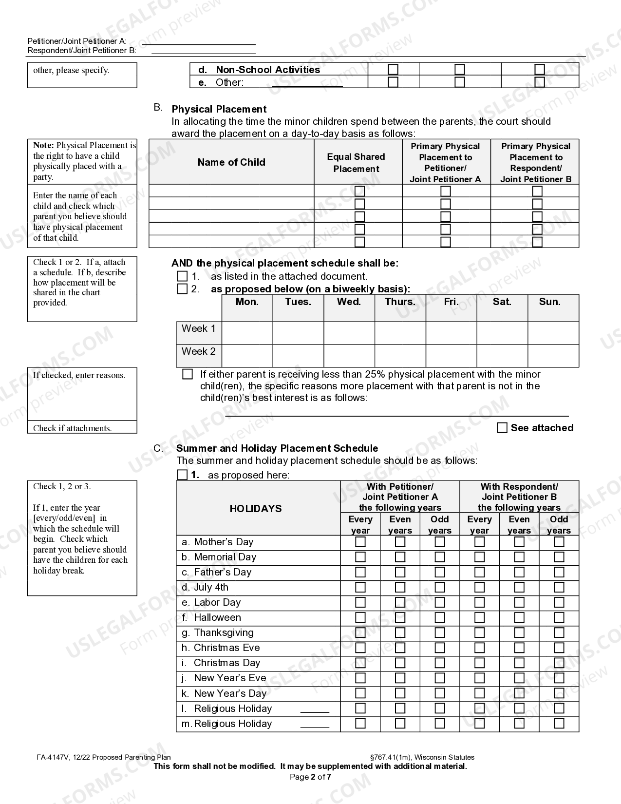 Wisconsin Parenting Plan With Supervised Visitation | US Legal Forms