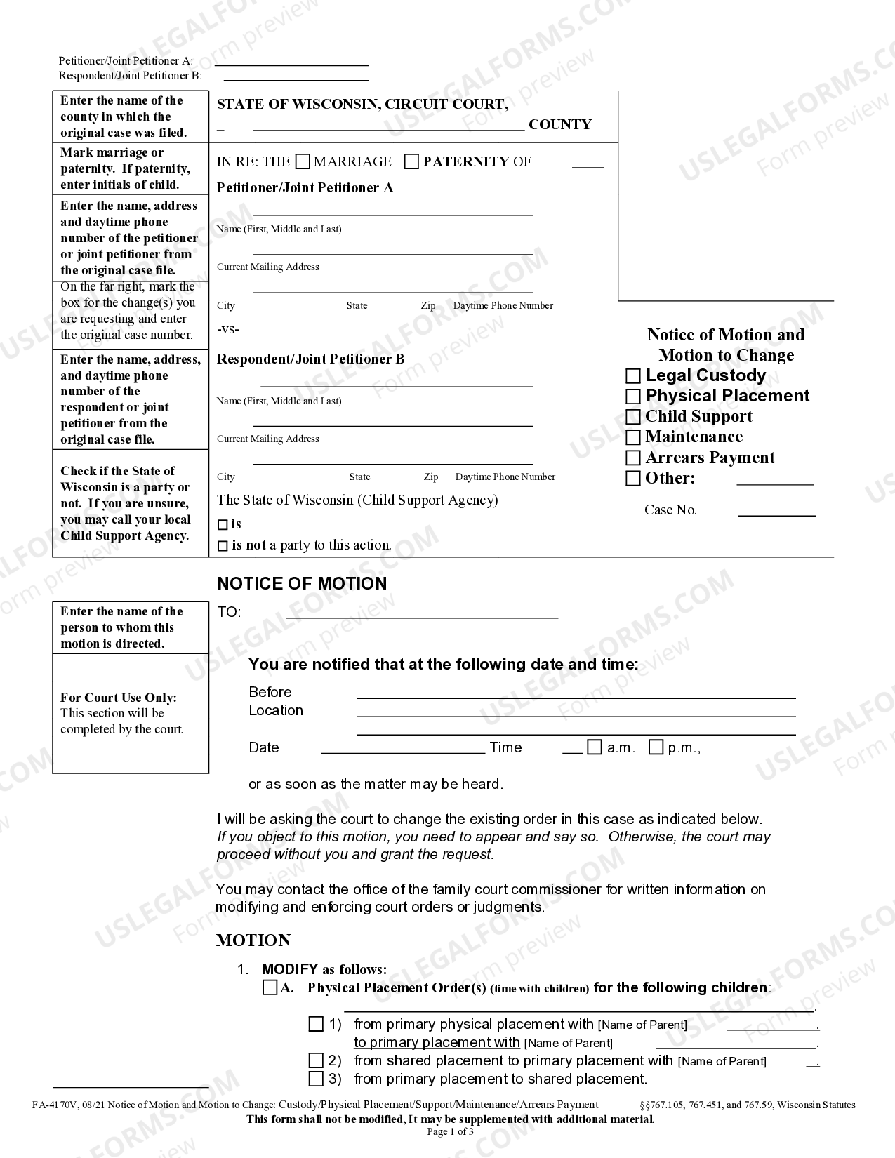 Wisconsin Notice Of Motion And Motion To Change Legal Custody Change ...