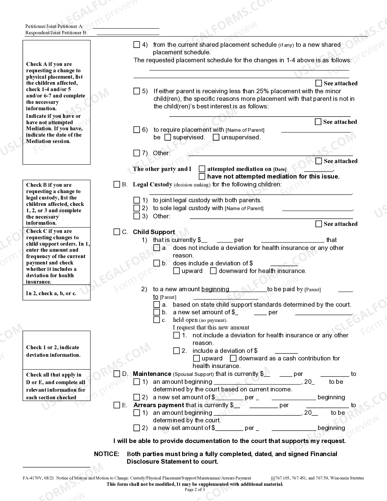 Wisconsin Notice Of Motion And Motion To Change Legal Custody Change ...