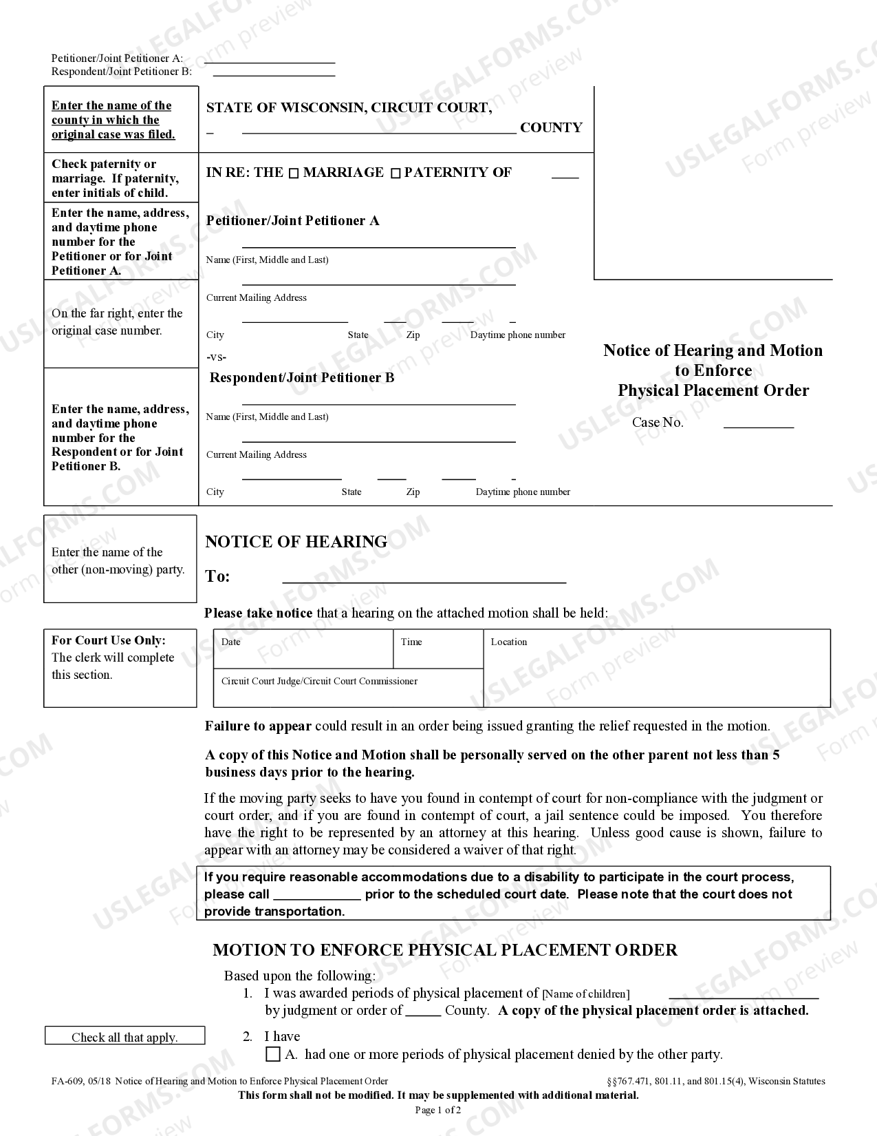 Wisconsin Petition to Enforce Physical Placement Order | US Legal Forms