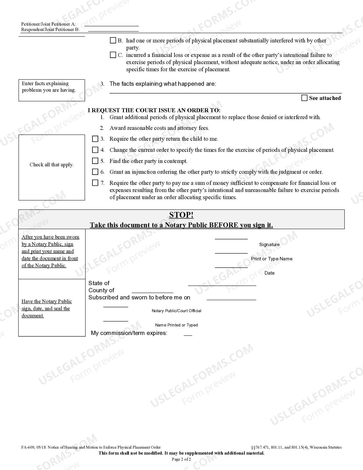 Wisconsin Petition to Enforce Physical Placement Order | US Legal Forms