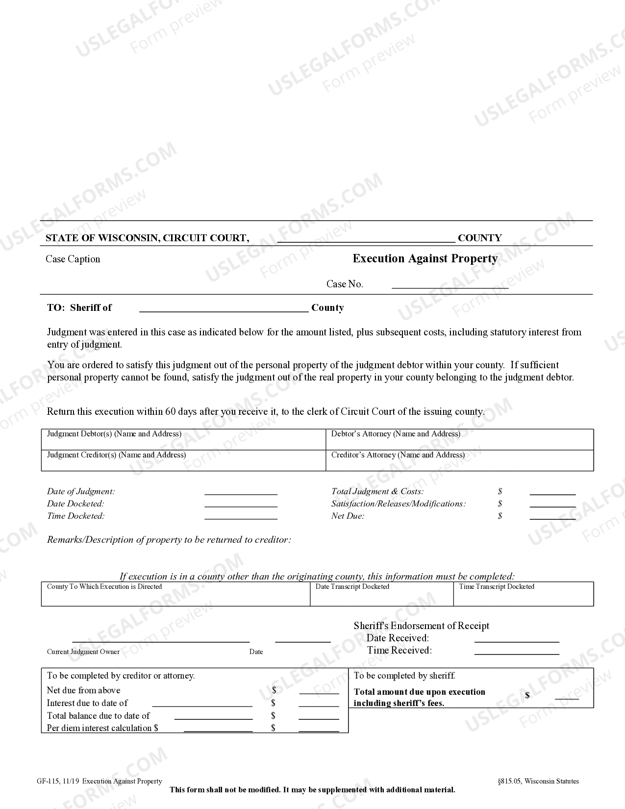 Wisconsin Execution Against Property | US Legal Forms