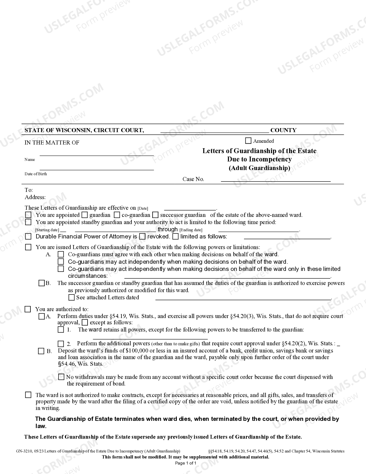 Wisconsin Letters Of Guardianship Of The Estate (Due To Incompetency ...