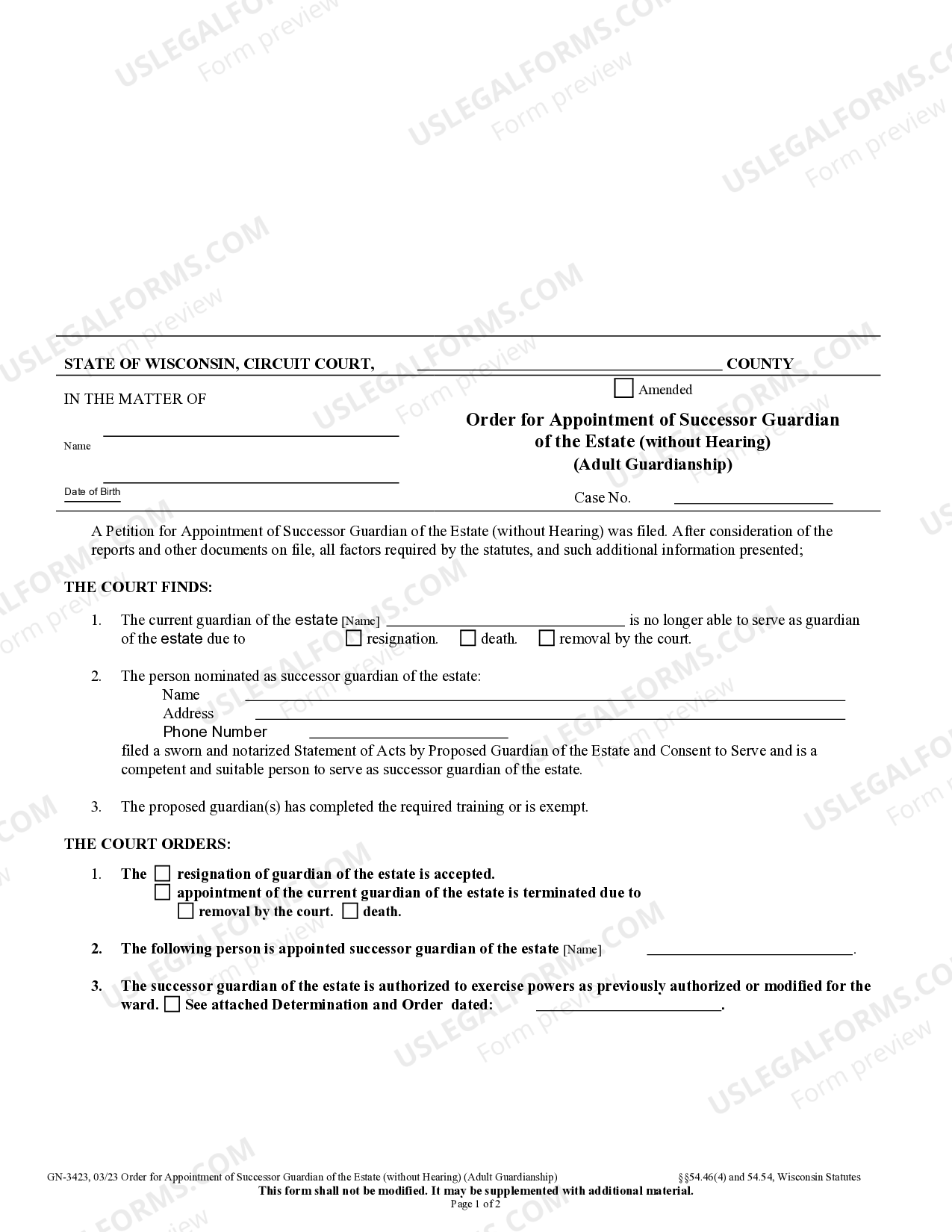Wisconsin Order for Appointment of Successor Guardian of the Estate ...