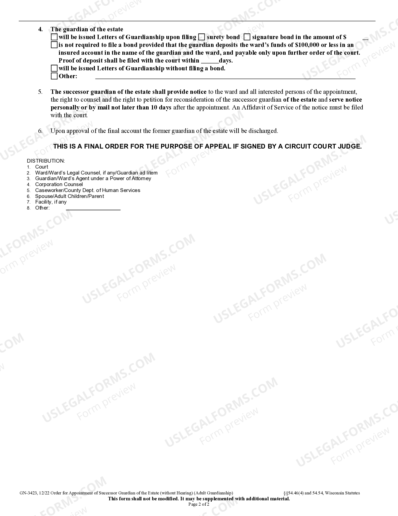 Wisconsin Order for Appointment of Successor Guardian of the Estate ...