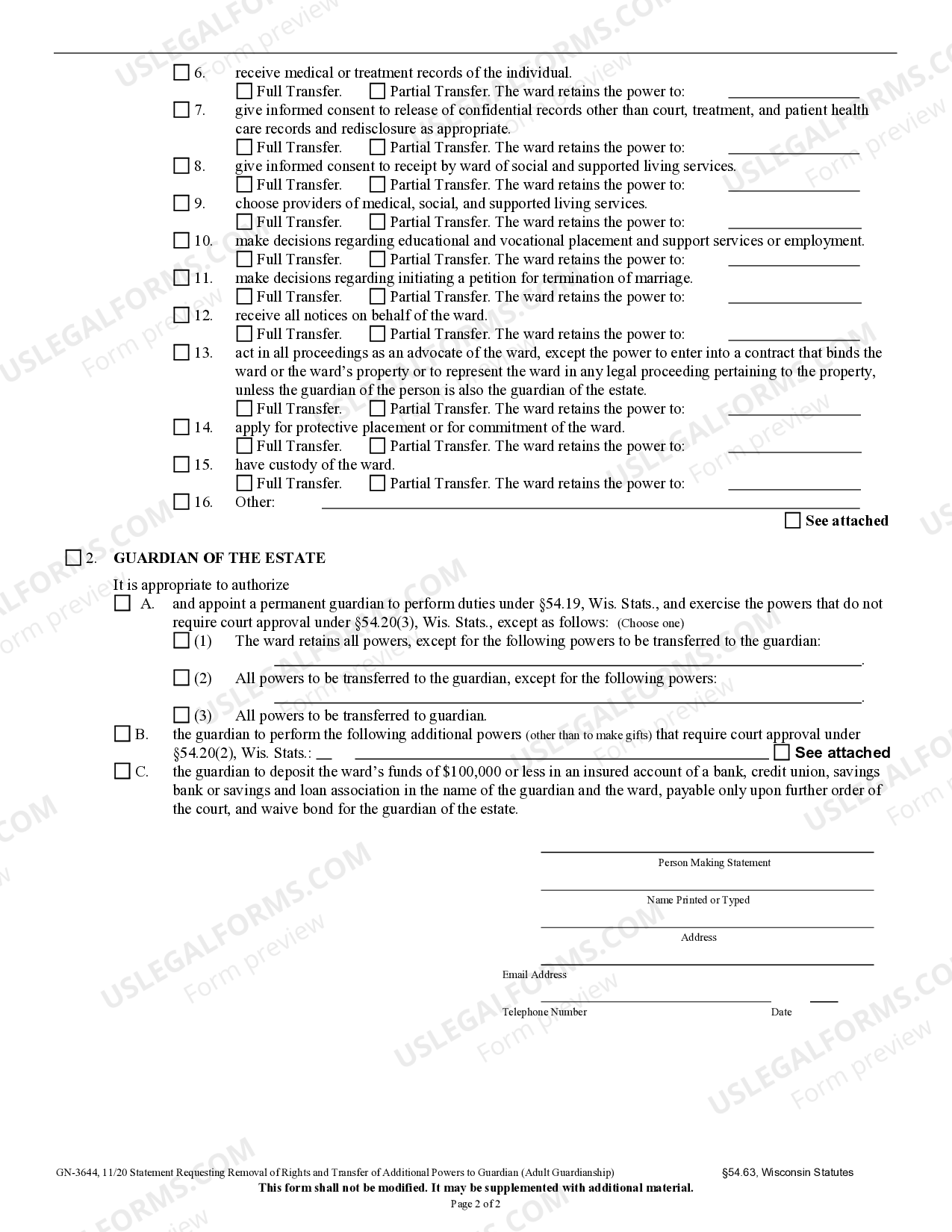 Wisconsin Statement Requesting Removal Of Rights And Transfer Of ...