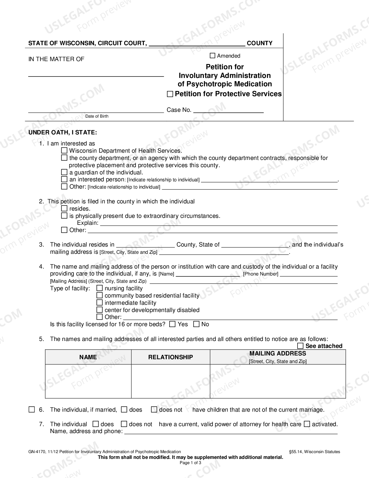 Wisconsin Petition for Involuntary Administration of Psychotropic ...