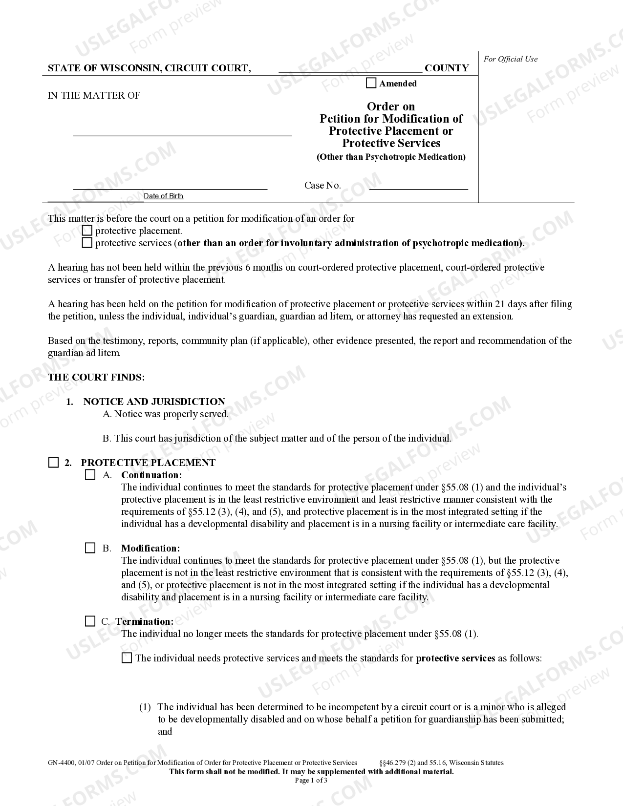 Wisconsin Order On Petition For Modification Of Protective Placement Or ...