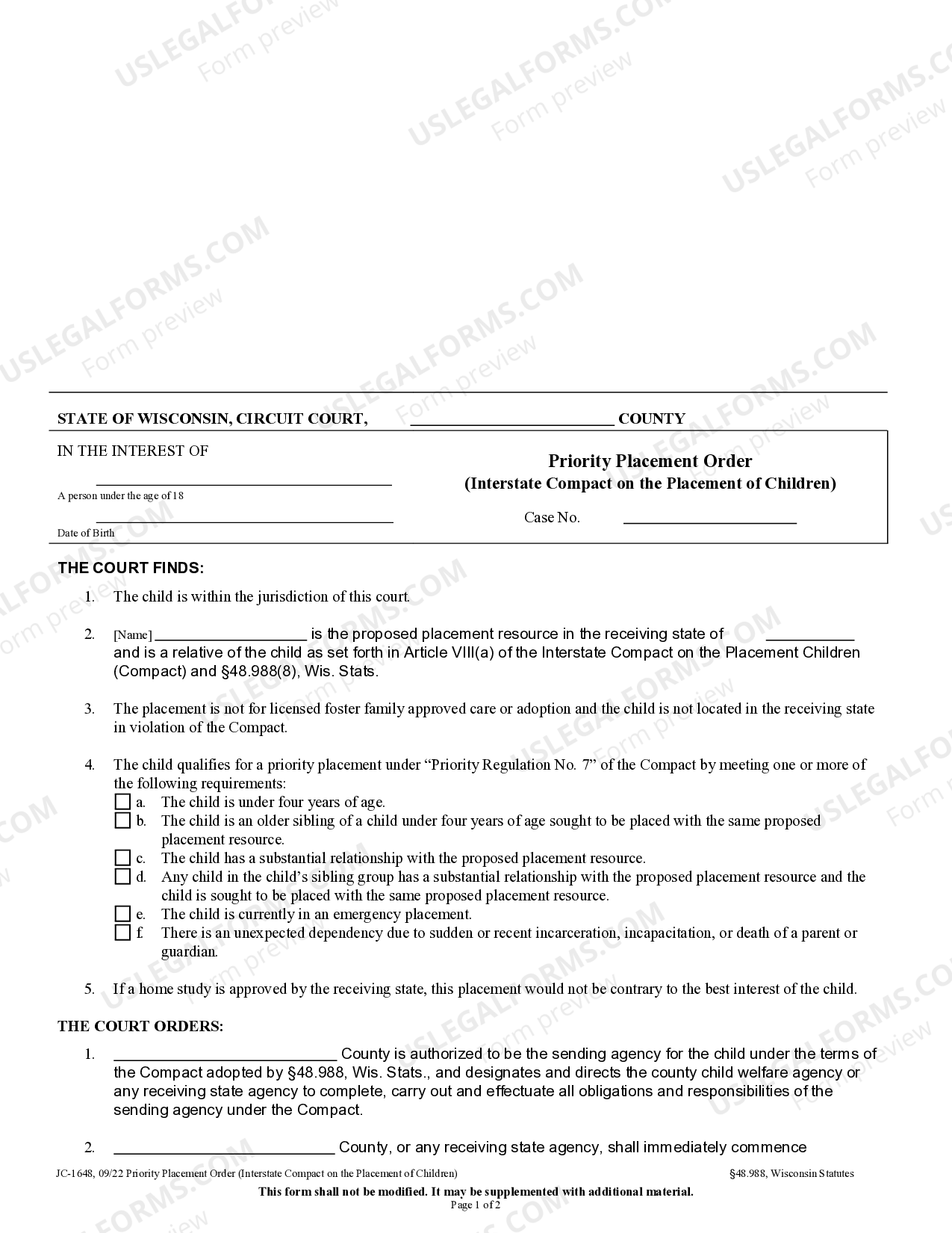 Wisconsin Priority Placement Order (Interstate Compact On The Placement ...