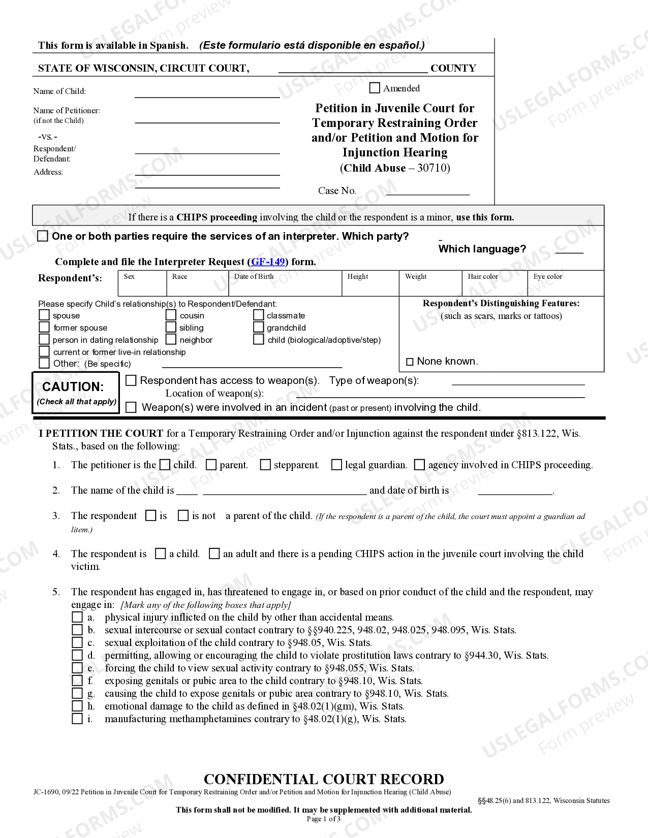 Wisconsin Petition in Juvenile Court for Temporary Restraining Order ...
