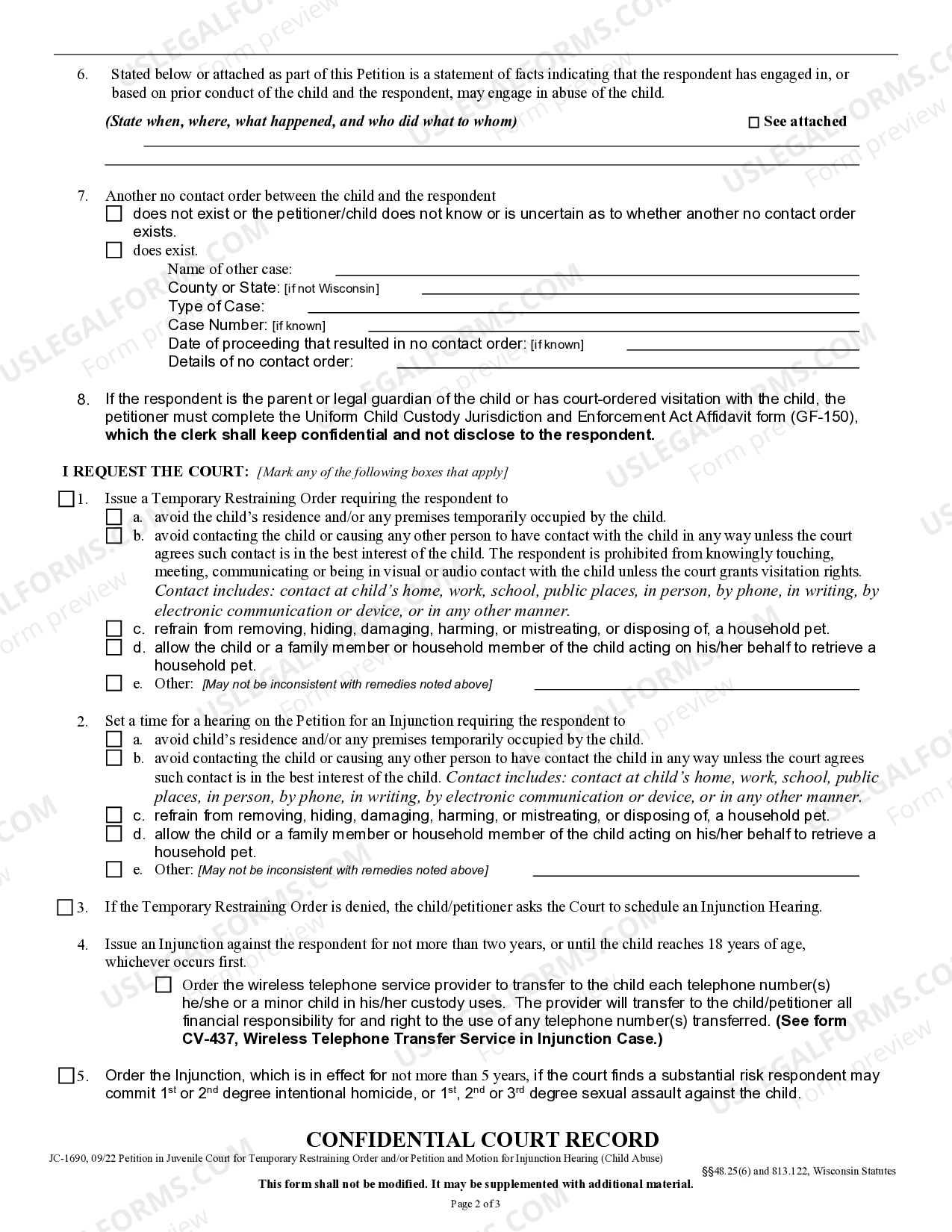 Wisconsin Petition in Juvenile Court for Temporary Restraining Order ...