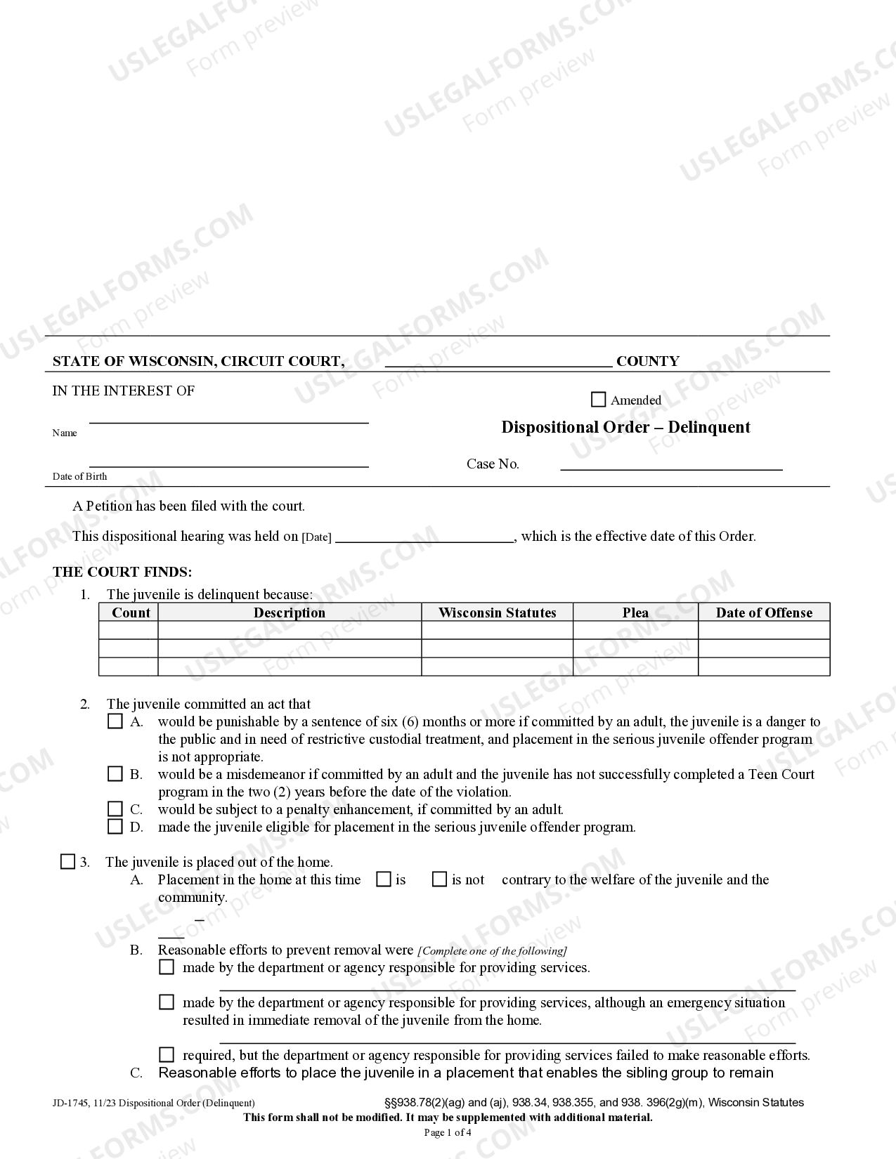 Wisconsin Dispositional Order - Delinquent - Dispositional Order ...