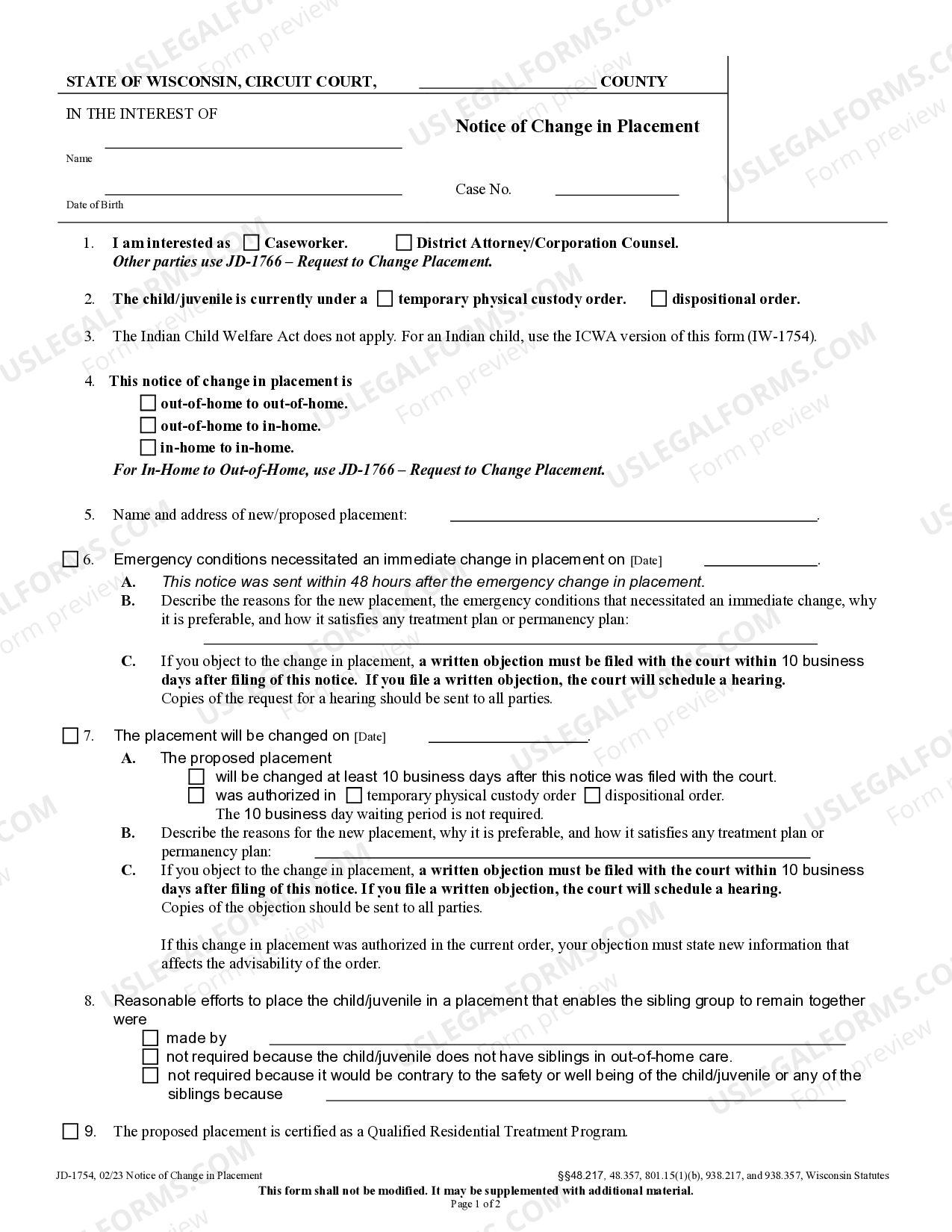 Wisconsin Notice of Change in Placement - Wisconsin Chnage In Placement ...