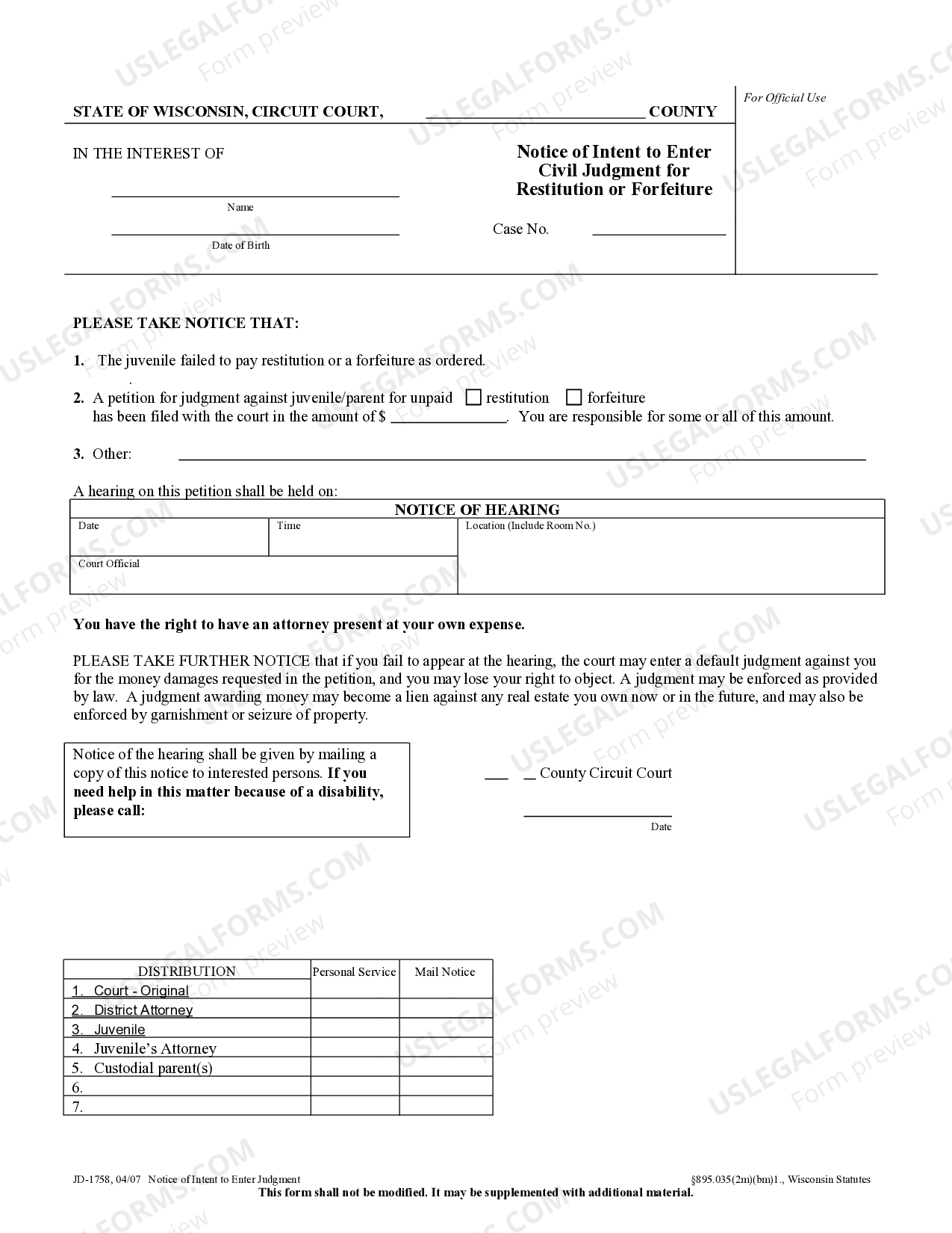 Wisconsin Notice Of Intent To Enter Civil Judgment For Restitution Or ...