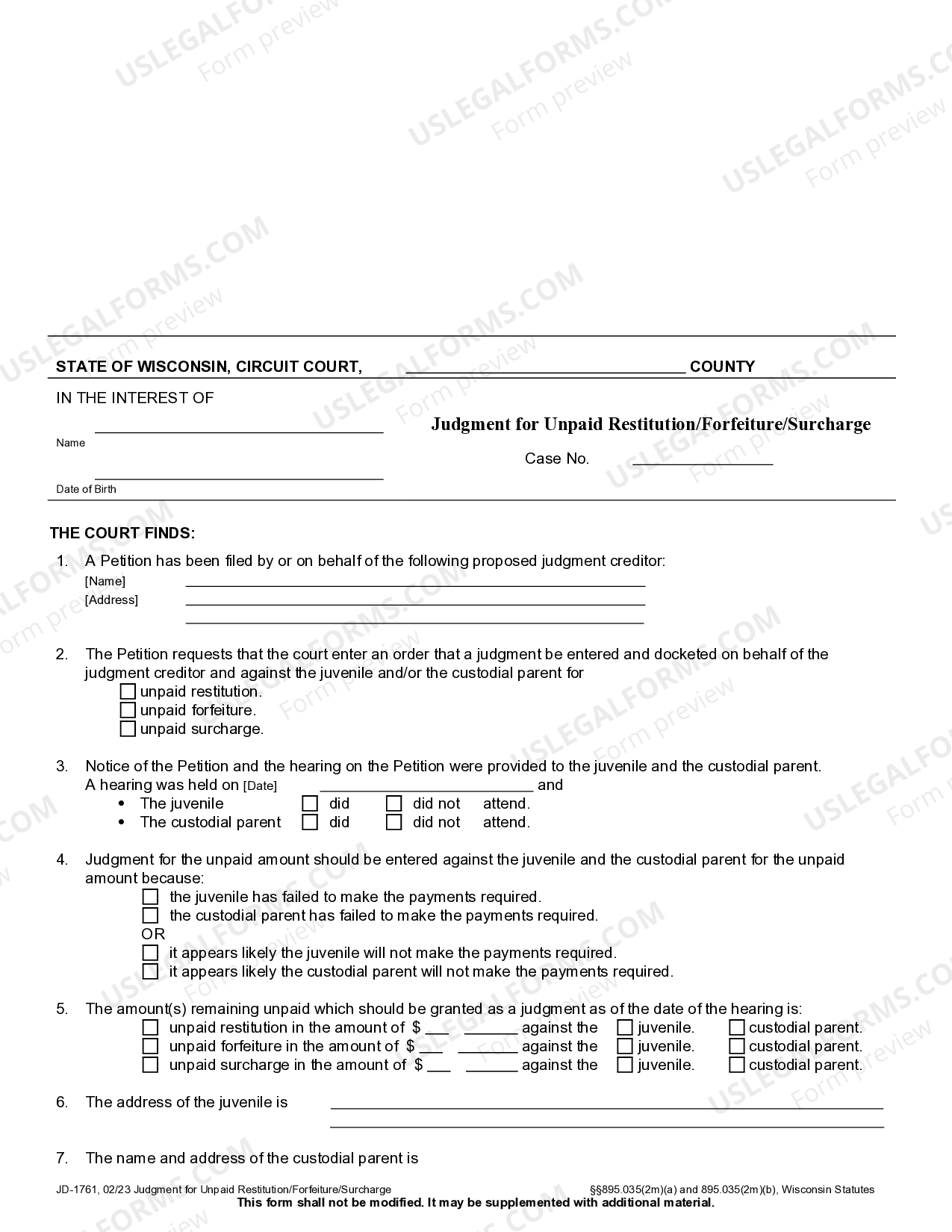 Wisconsin Judgment for Unpaid Restitution - Forfeiture | US Legal Forms