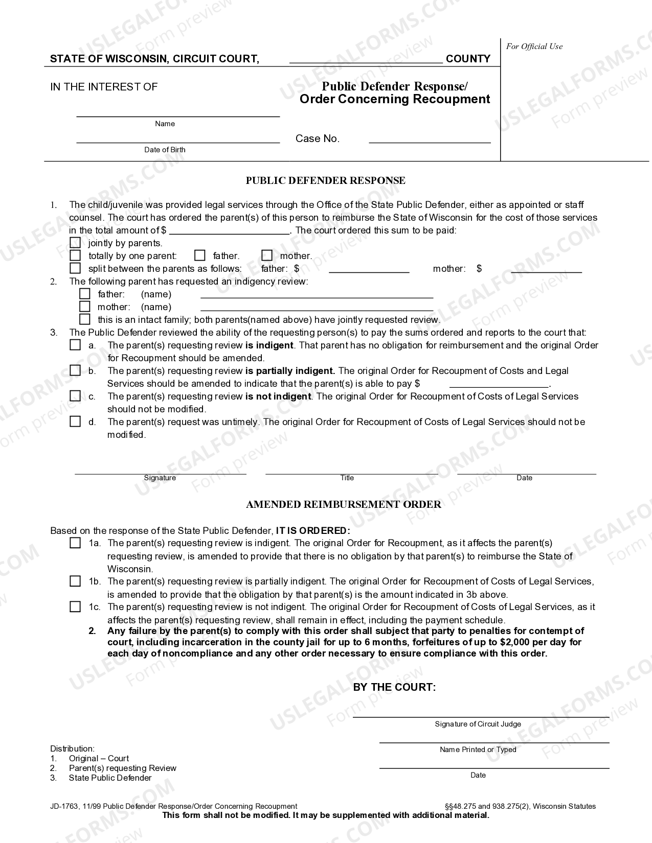 Wisconsin Public Defender Response - Order Concerning Recoupment | US Legal Forms