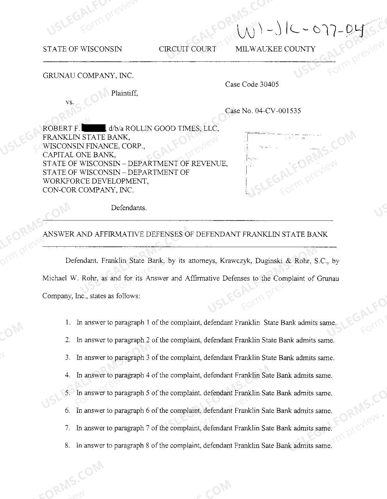 Wisconsin Answer And Affirmative Defenses Of Defendant - Wisconsin ...