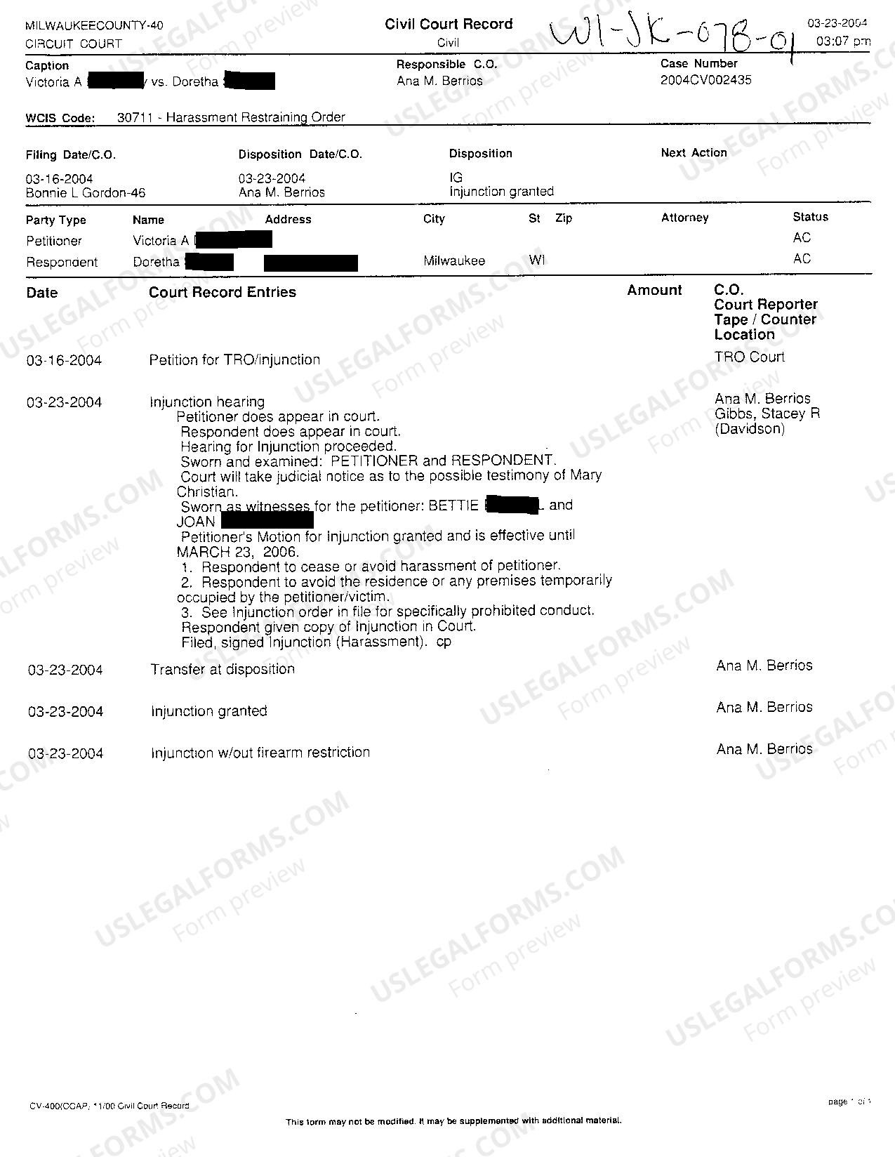 Wisconsin Harassment Restraining Order | US Legal Forms