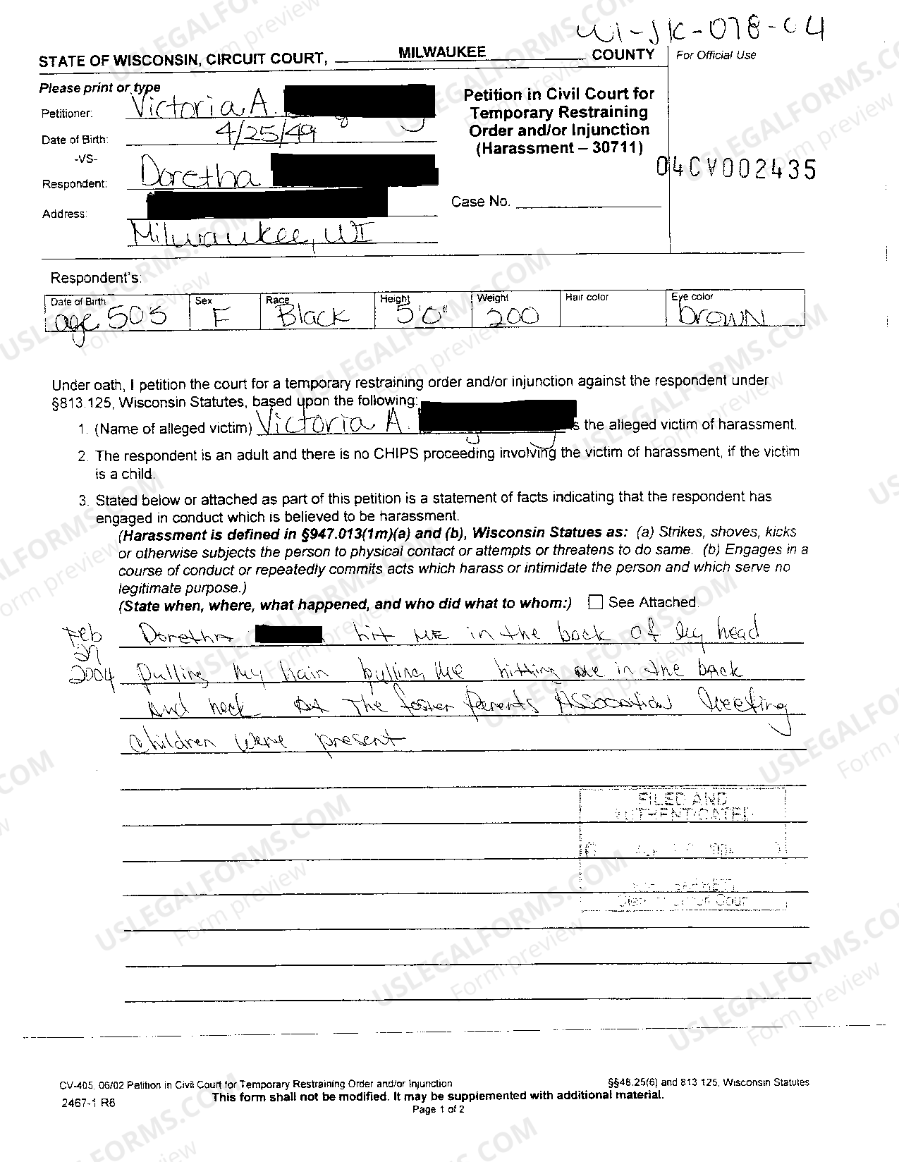 Wisconsin Petition In Civil Court For Temporary Restraining Order and ...