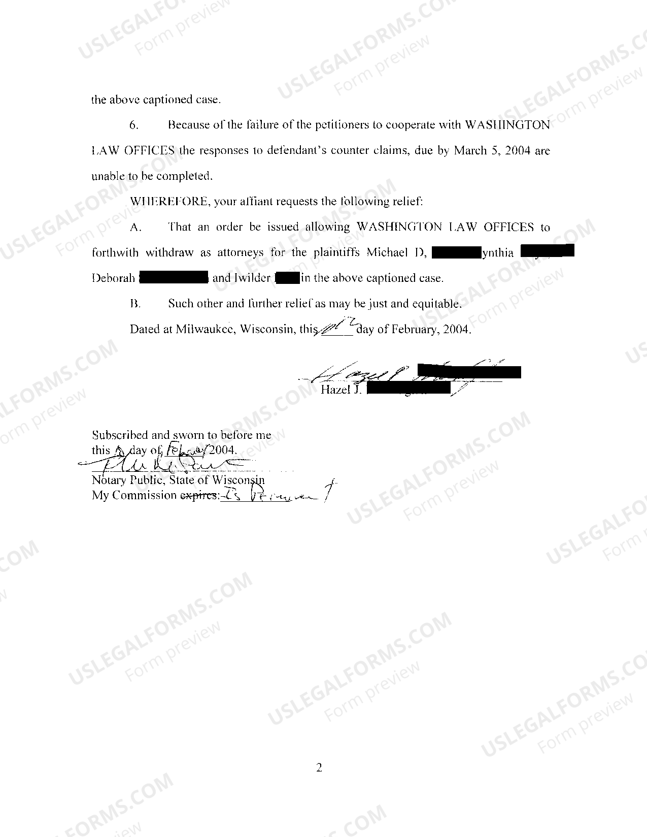 Wisconsin Affidavit In Support Of Motion To Withdraw | US Legal Forms