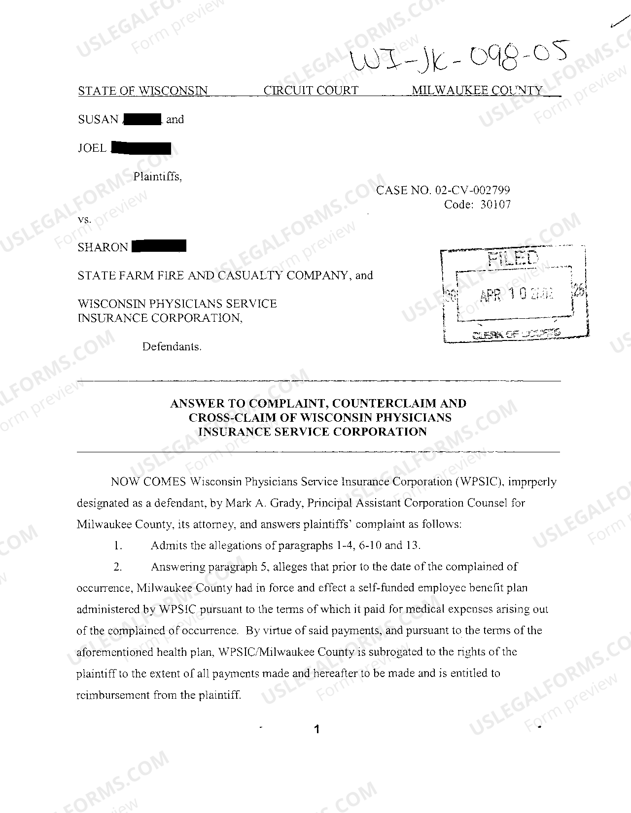 Wisconsin Answer To Complaint, Counterclaim and Crossclaim ...
