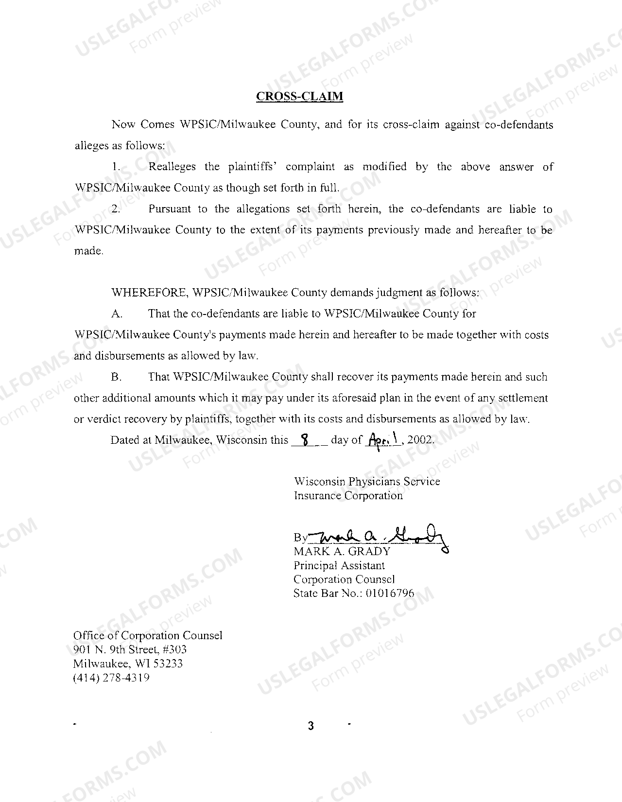 Wisconsin Answer To Complaint, Counterclaim and Crossclaim ...