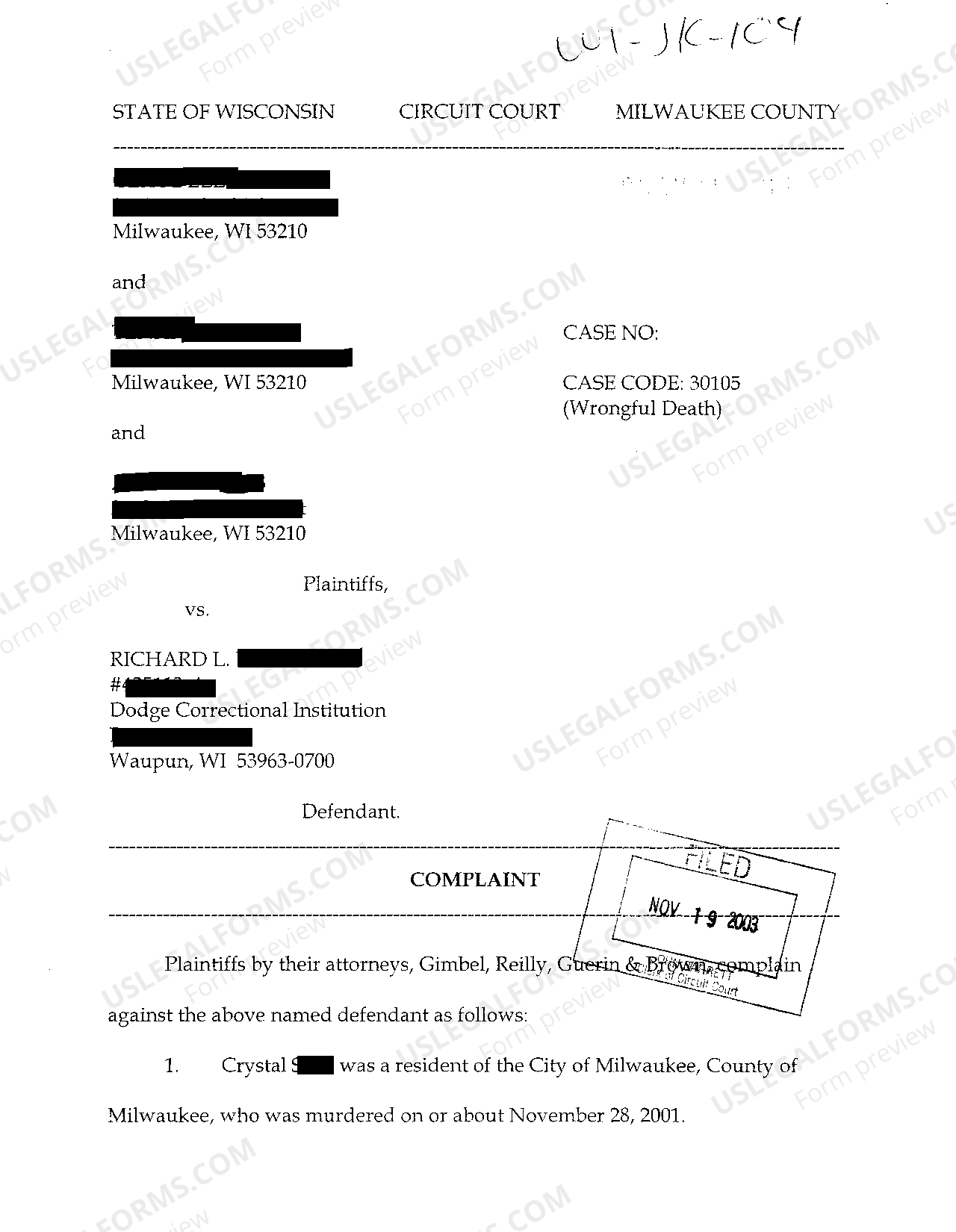 Wisconsin Complaint for Wrongful Death Following Murder | US Legal Forms