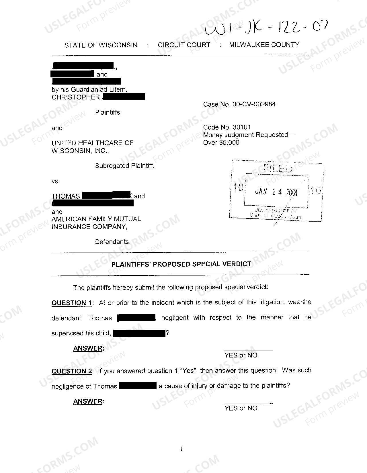 Wisconsin Plaintiffs' Proposed Special Verdict | US Legal Forms