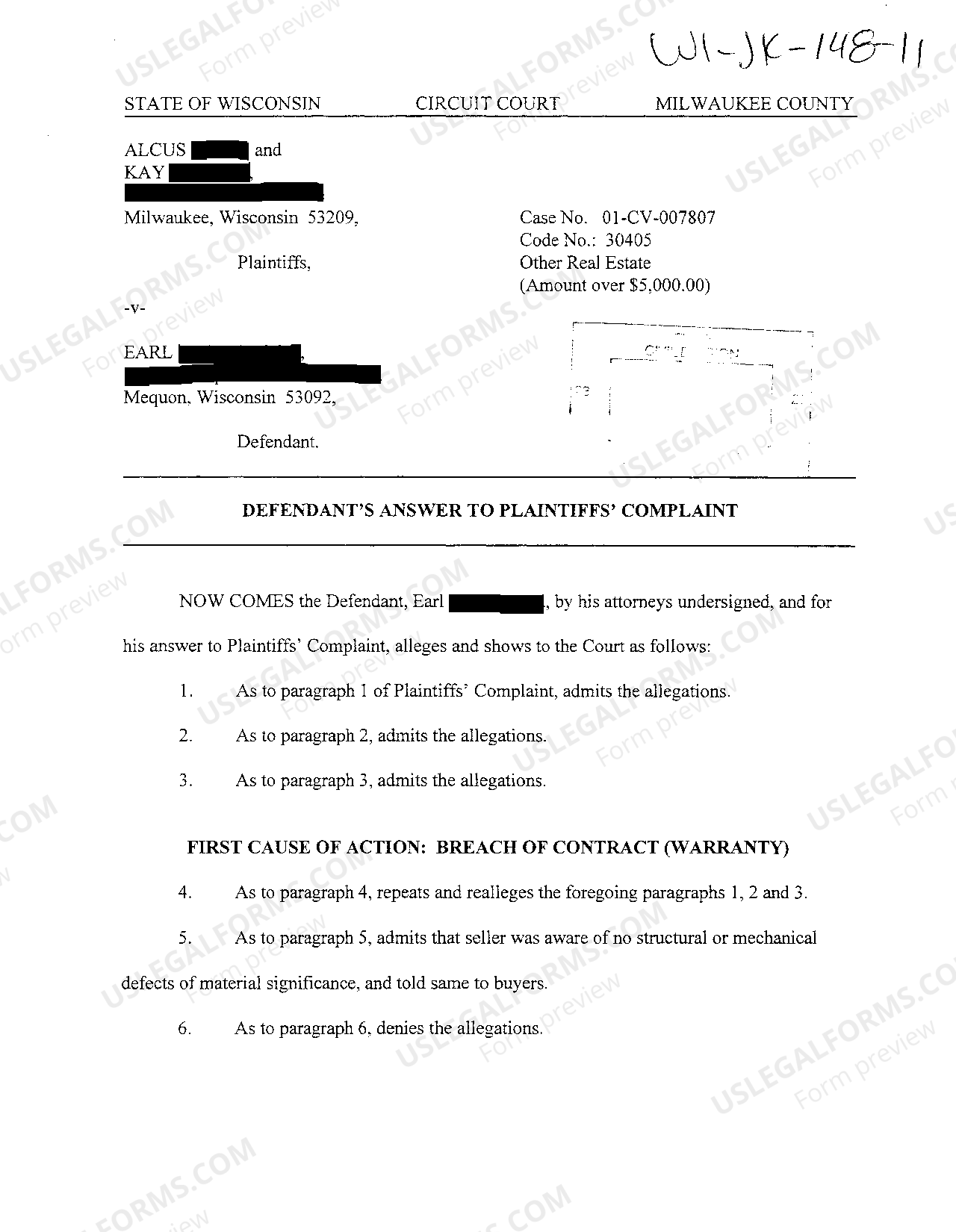 Wisconsin Defendant's Answer To Plaintiffs' Complaint | US Legal Forms