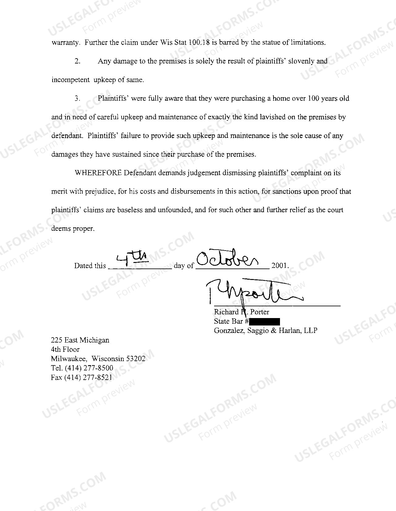 Wisconsin Defendant's Answer To Plaintiffs' Complaint | US Legal Forms