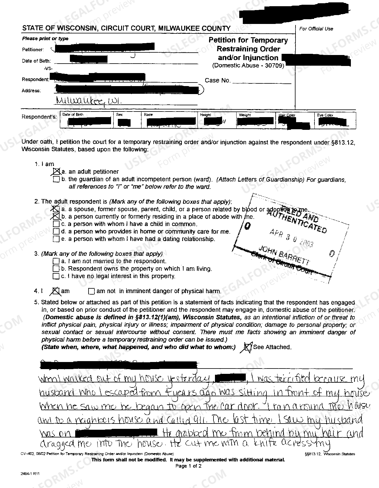 Wisconsin Petition For Temporary Restraining Order and / or Injunction ...