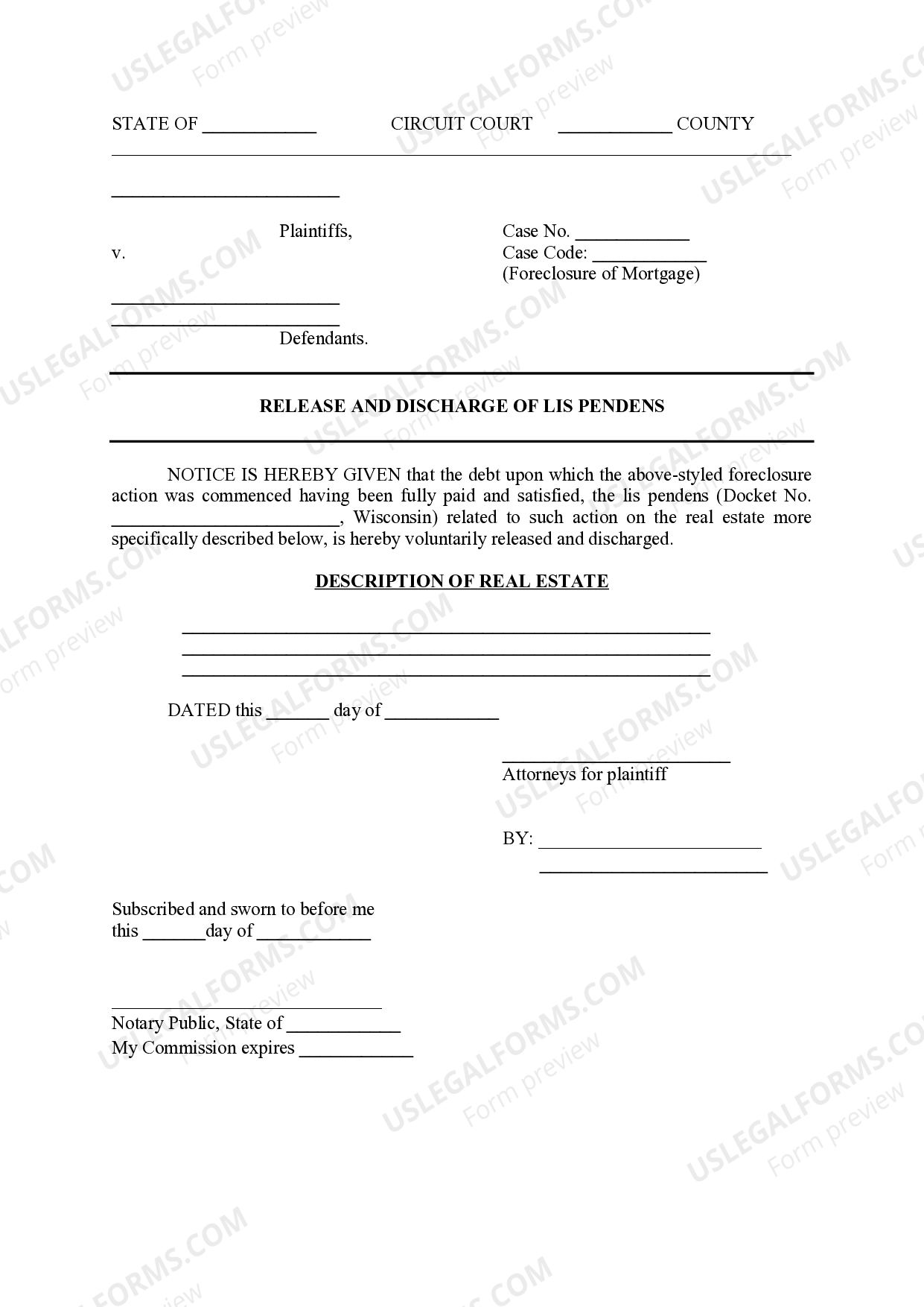 Wisconsin Release and Discharge Lis Pendens - Wisconsin Lis Pendens ...