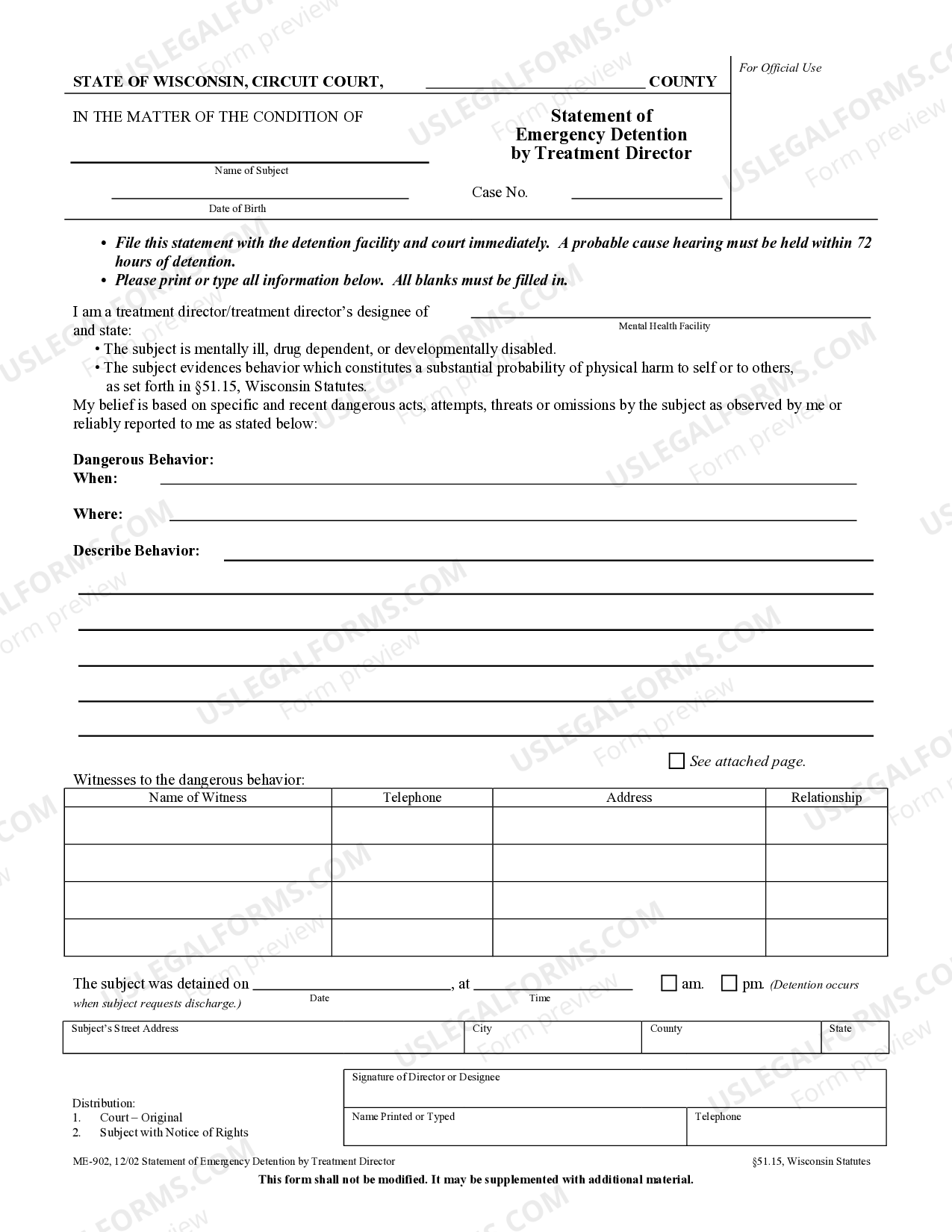 Wisconsin Statement of Emergency Detention by Treatment Director | US ...