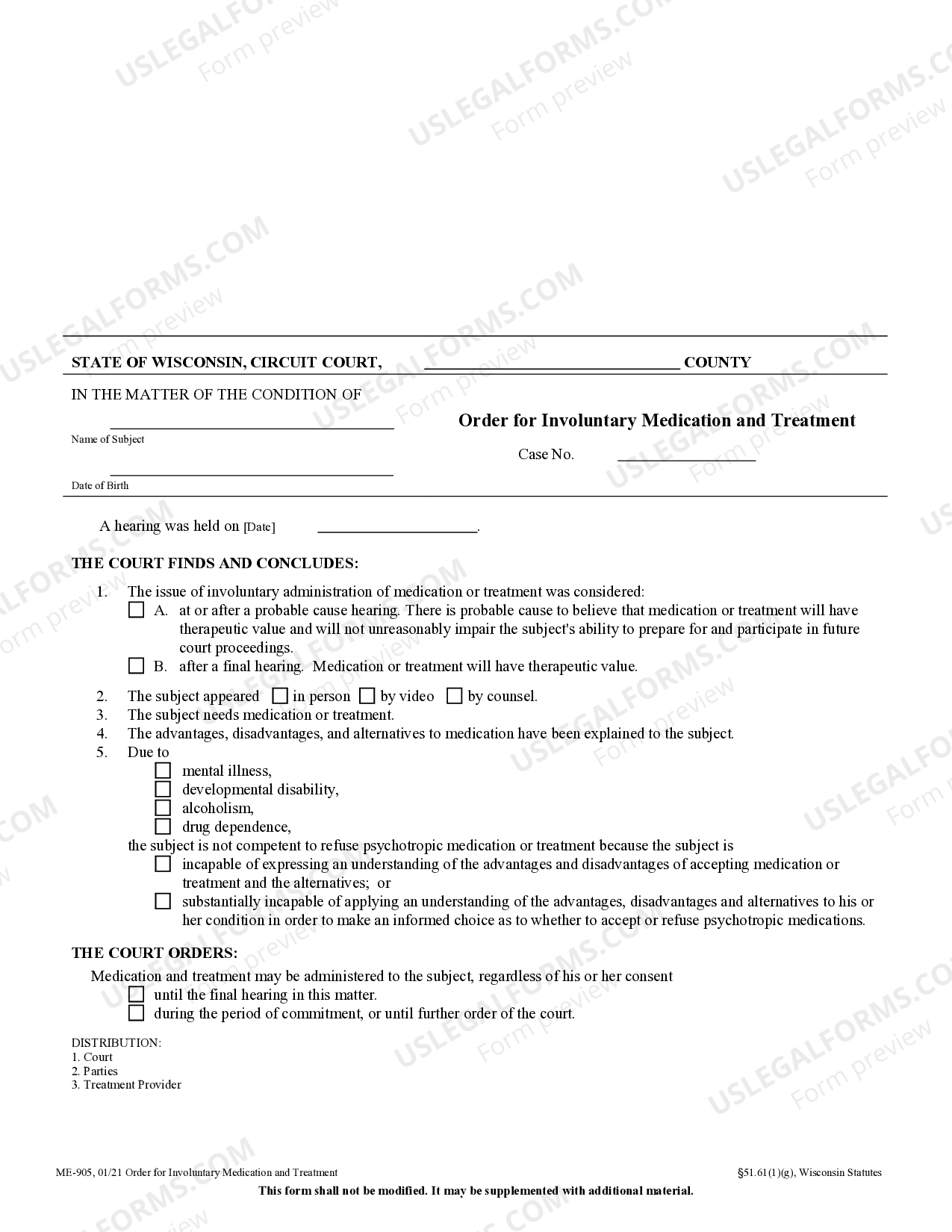 Wisconsin Order for Involuntary Medication and Treatment | US Legal Forms