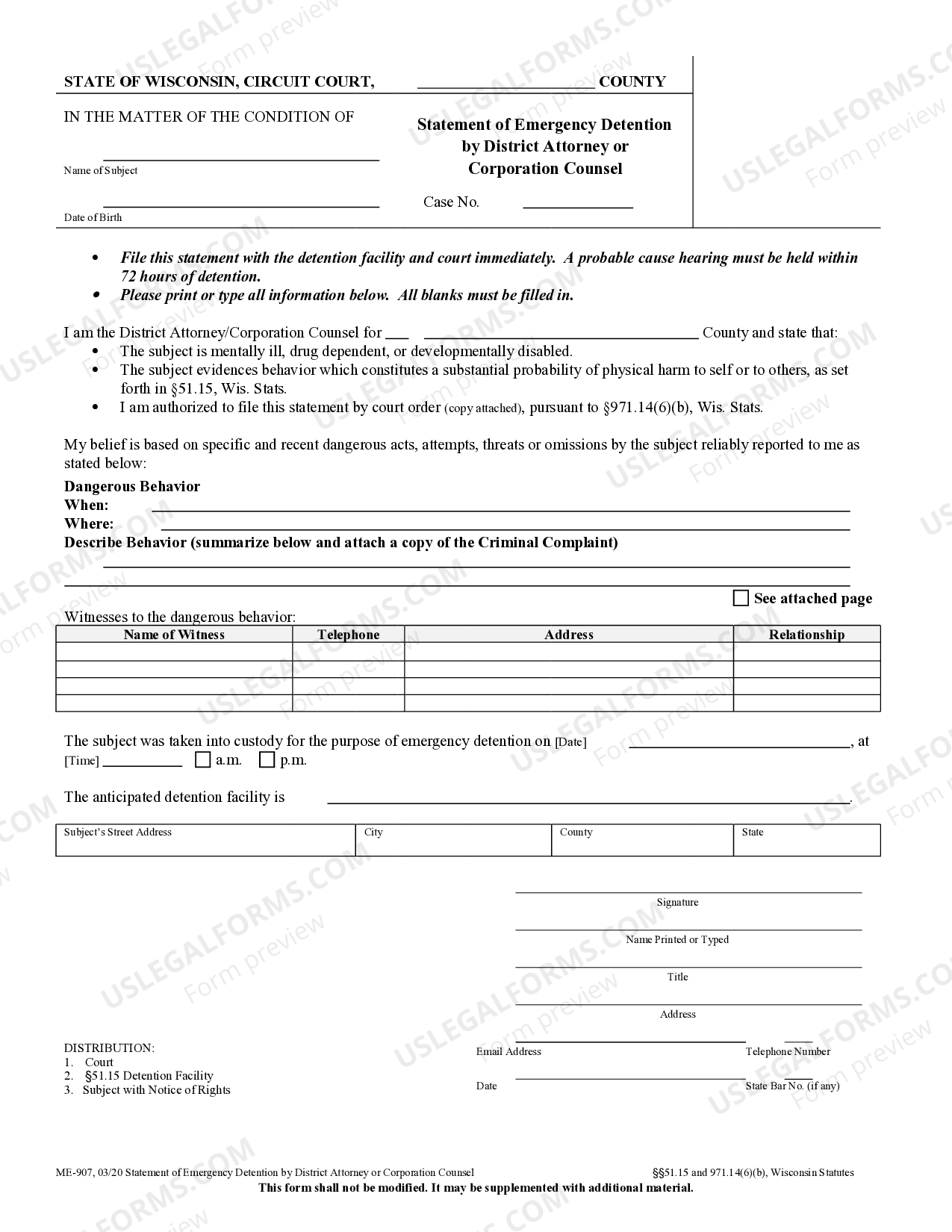 Wisconsin Statement of Emergency Detention by District Attorney or ...