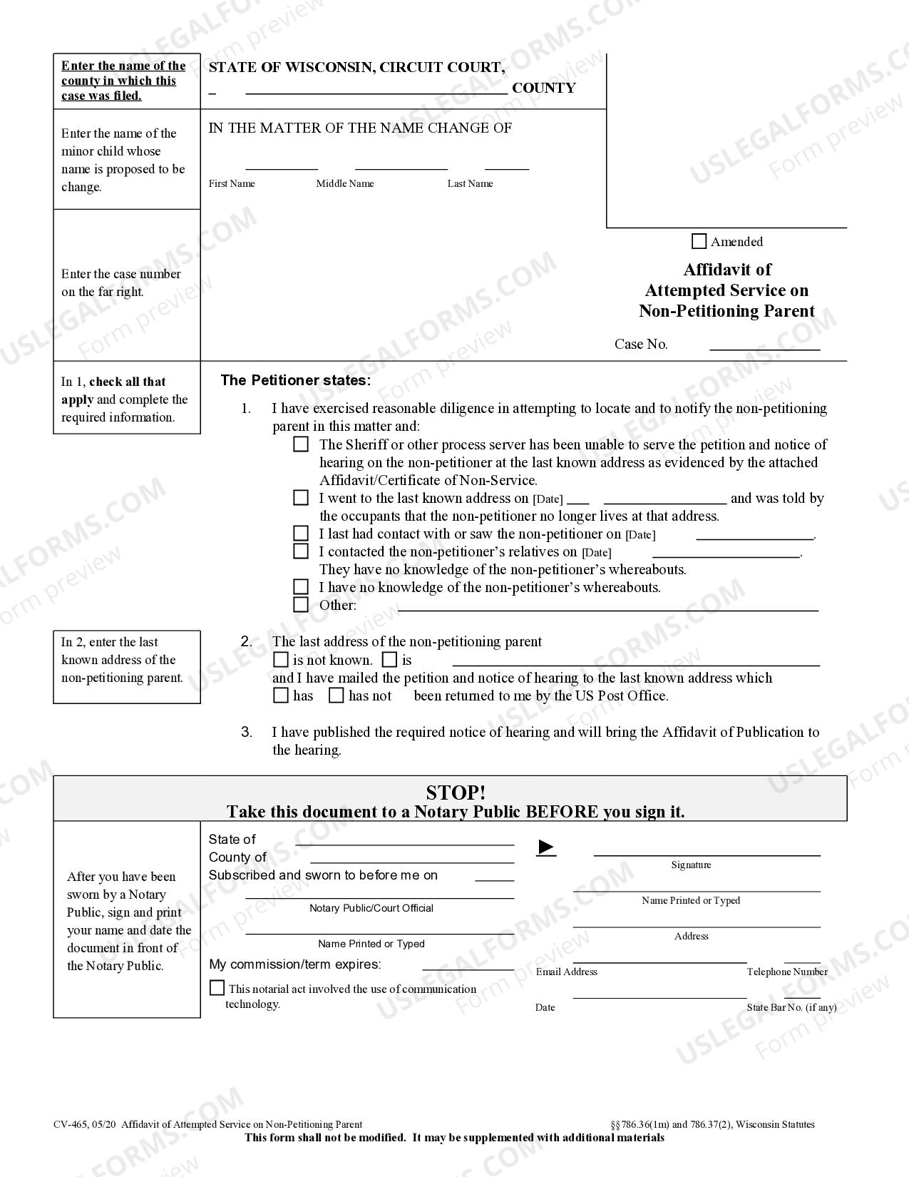 Wisconsin Affidavit of Attempted Service in Non-Petitioning Parent | US ...