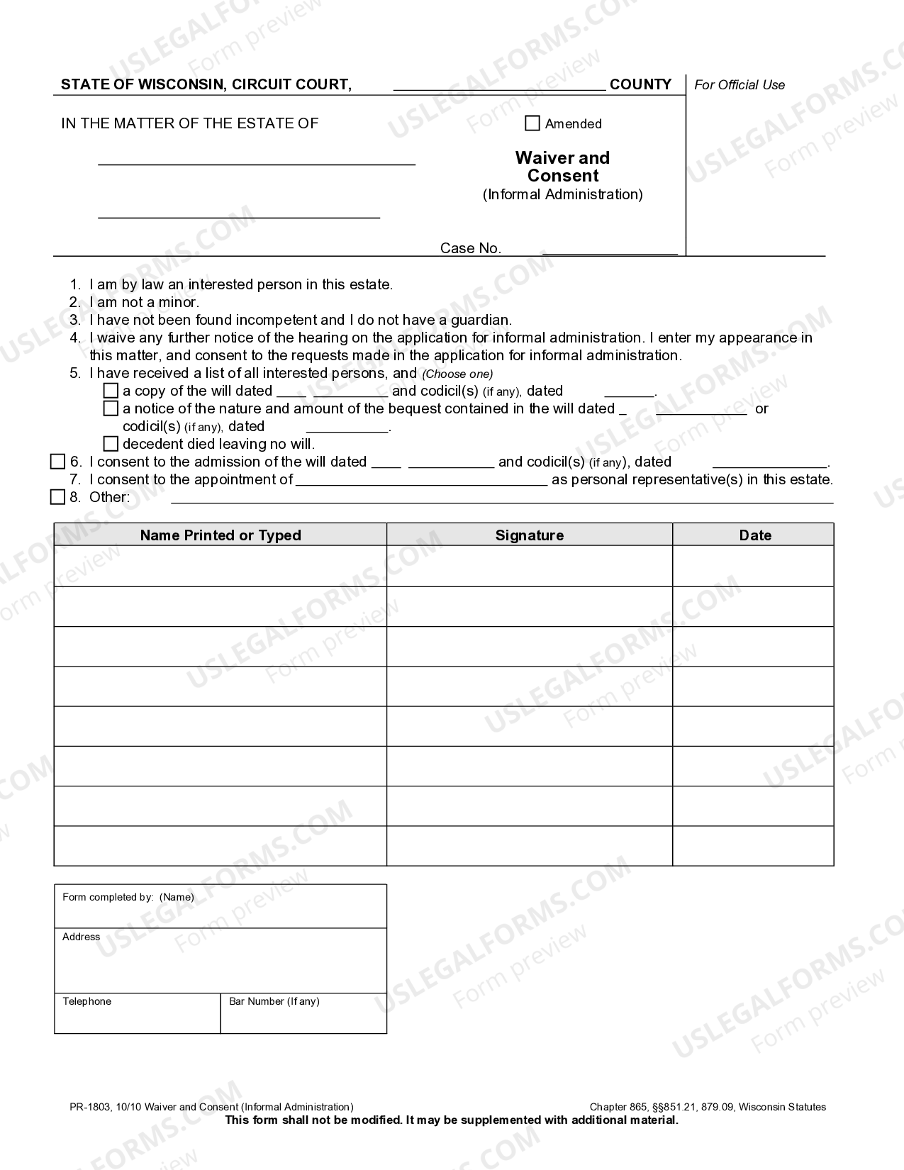 Wisconsin Waiver and Consent - Informal Administration | US Legal Forms